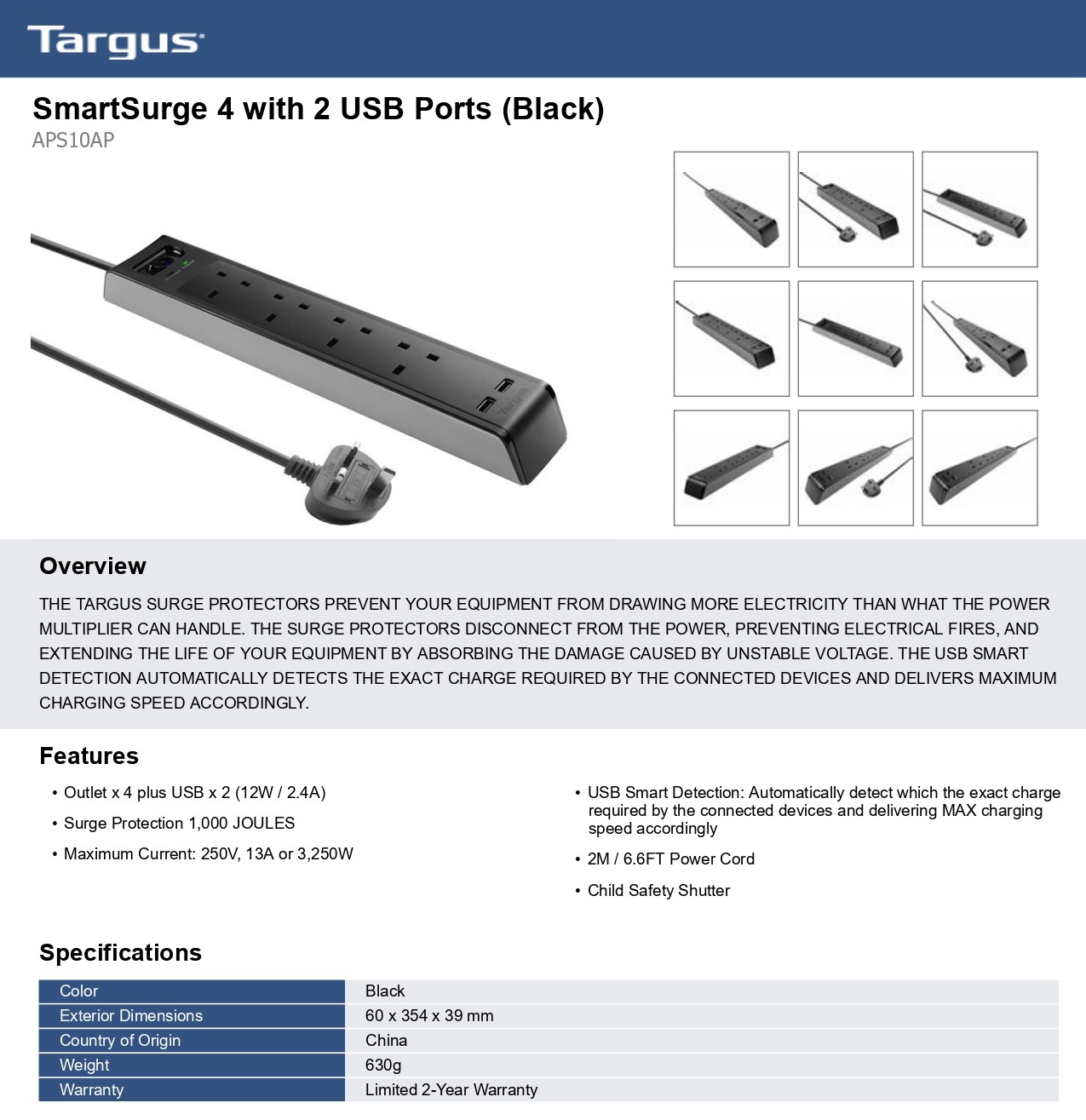 TARGUS APS10AP-70 Surge Protector with 2 USB Ports, 4 Surge, 2m Length ...