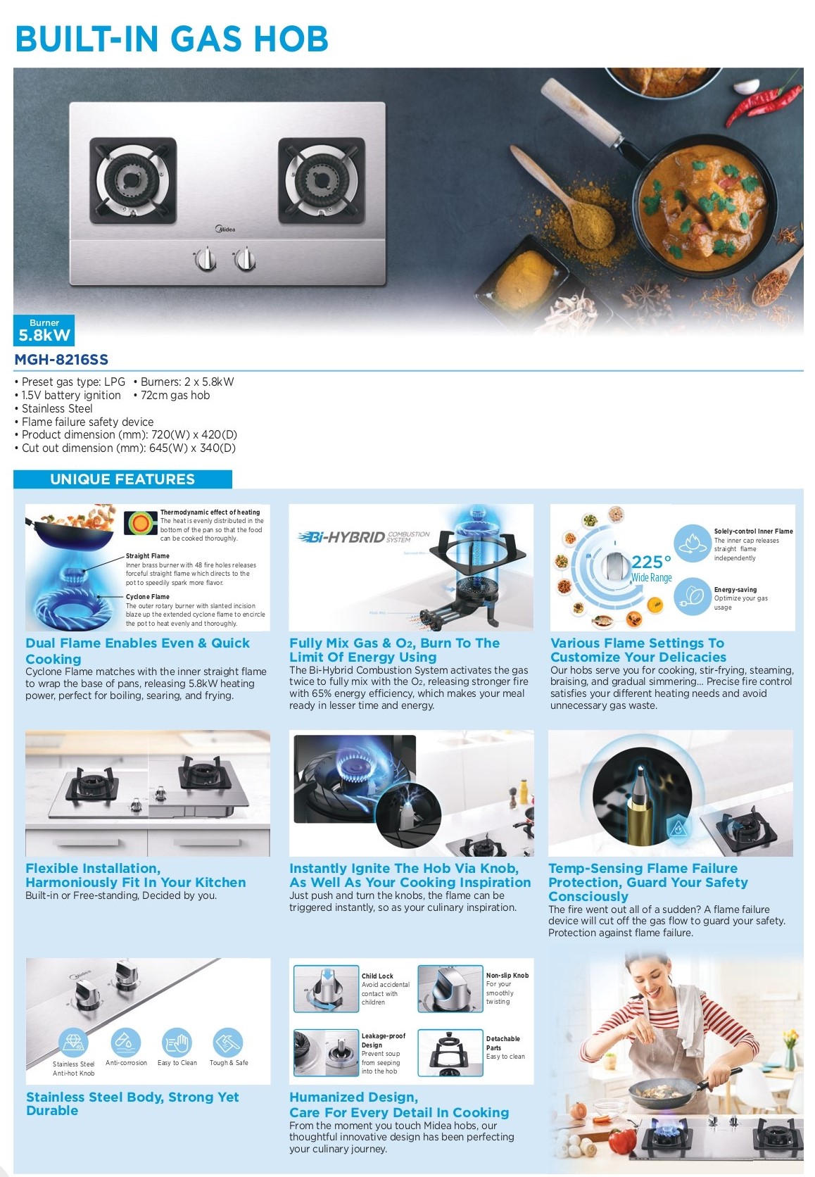 SYK MIDEA MGH-76Q60B 5.2kW Build In Glass Gas Hob Cooker Hob Gas Stoves ...