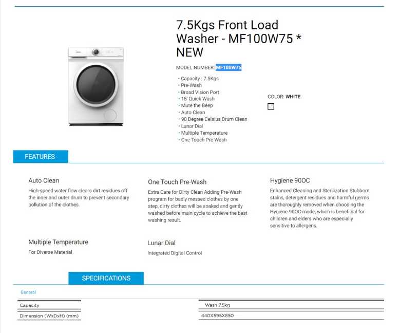 [FREE SHIPPING] Midea 7.5KG Front Load Washing Machine MF100W75 Washer ...