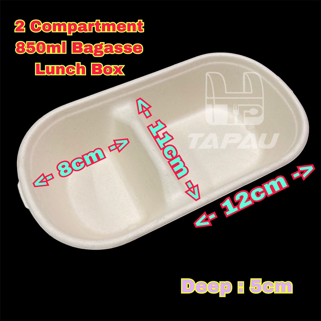 TAPAU - 850ml Oval Bagasse Lunch Box [ 50pcs +- ] / 2 Compartment Bio ...