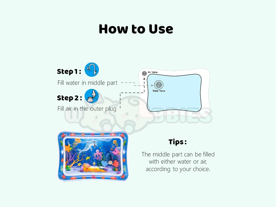👶🏻Woobbies Baby Slapped Pad Water Mat Cushion Prone Pat Playmat Water ...