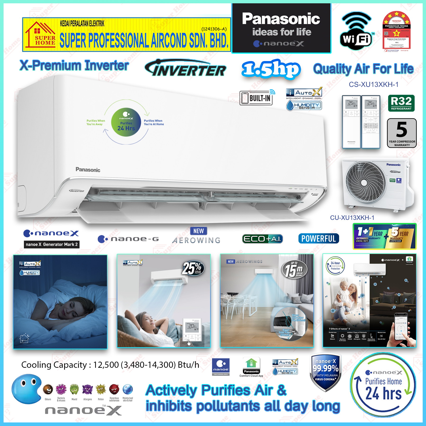 Panasonic 1.5hp X-Premium Inverter Air Conditioner CS-XU13XKH-1 ...