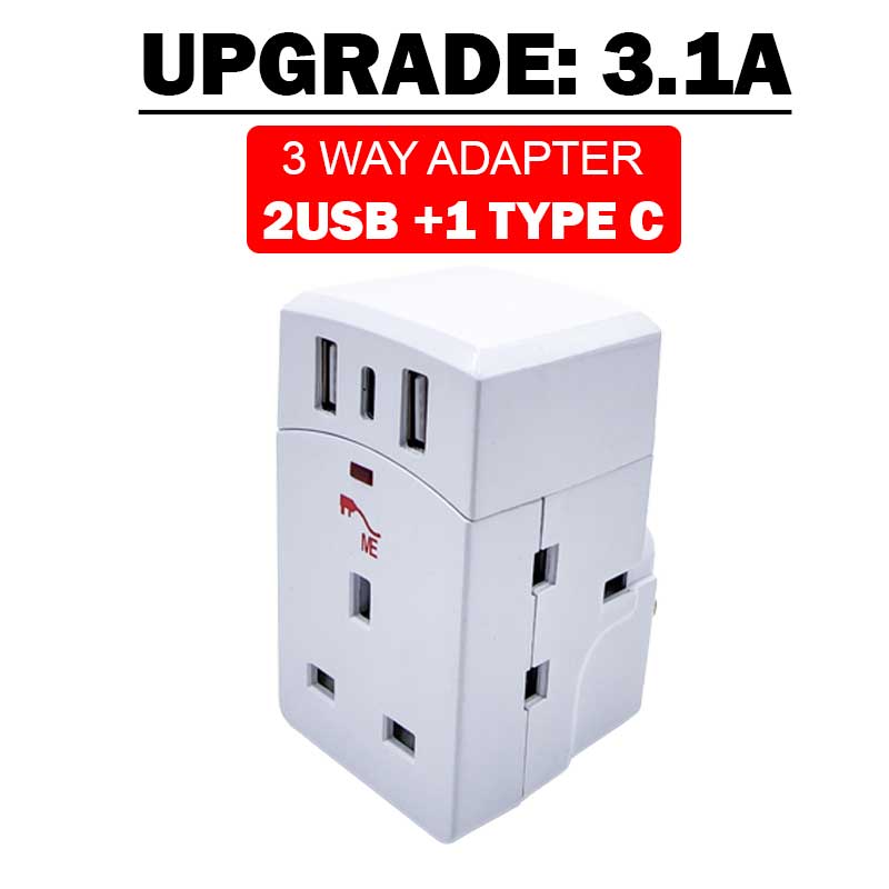 13A 3 Way Adapter Adaptor Plug with 2 UBS port and 1 Type C Charger ...