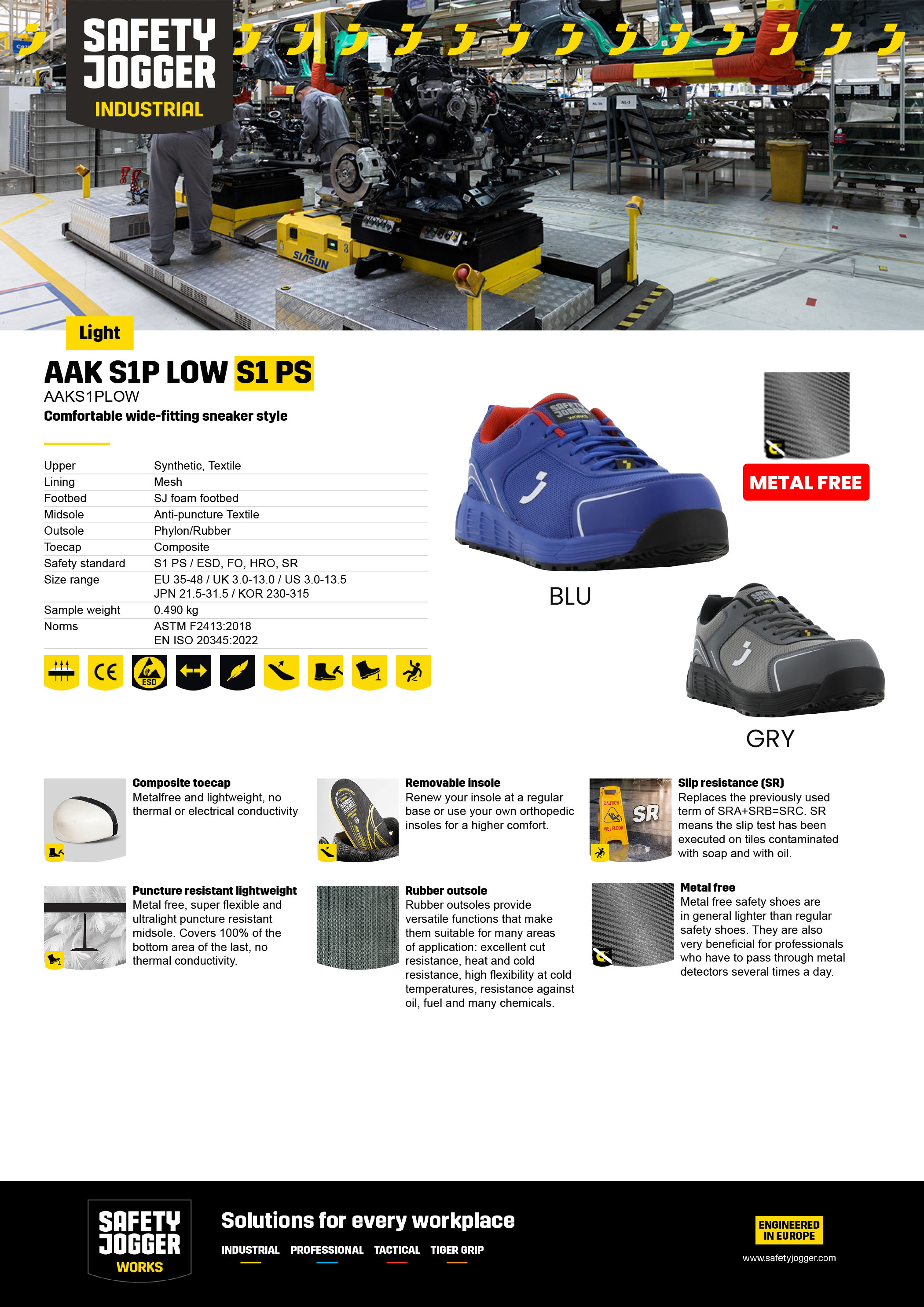 SAFETY JOGGER AAK S1P Low ESD Safety Shoes Composite Toecap Lightweight ...