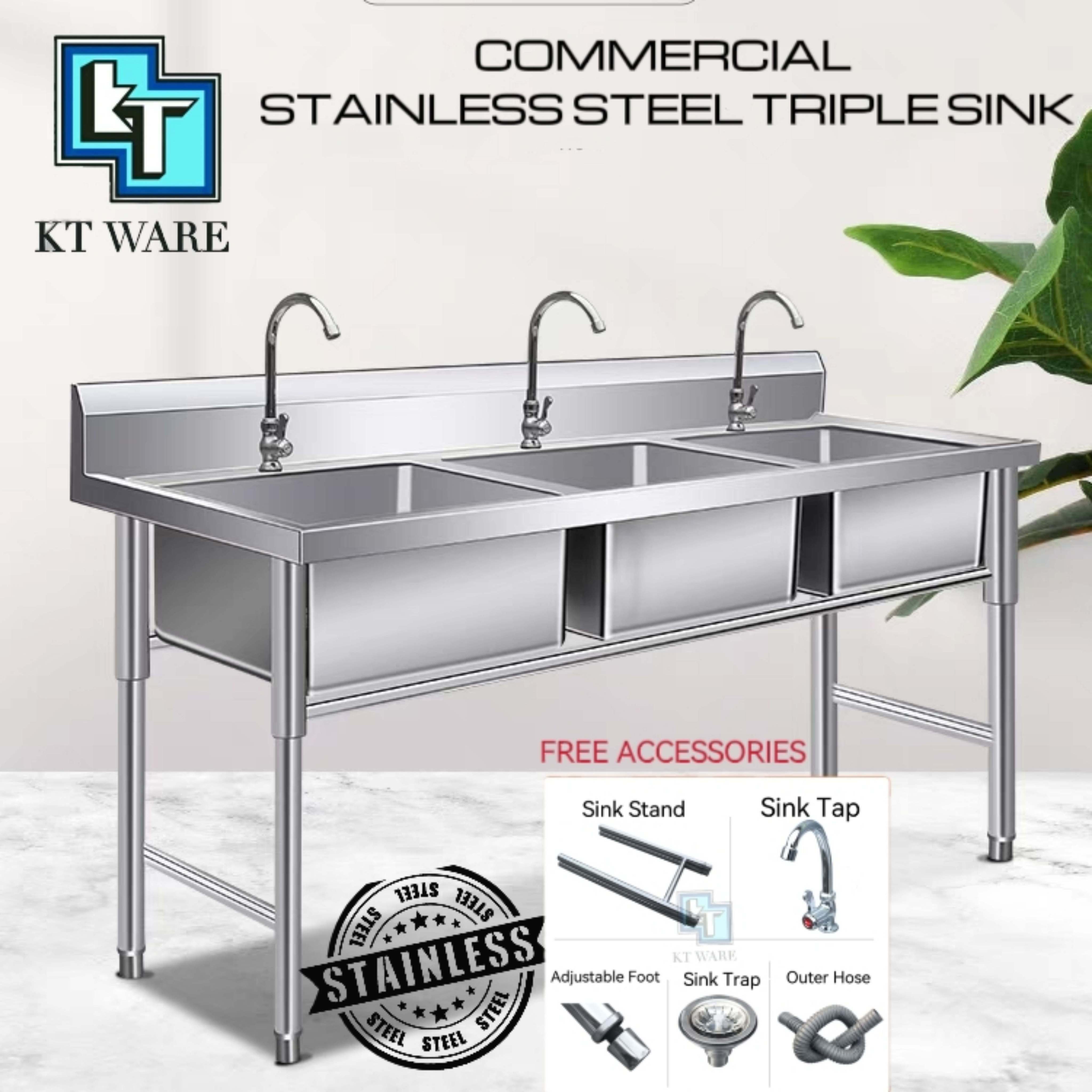 KT WARE Commercial Stainless Steel Triple Deep Bowl Sink Set With Stand Sinki Berkaki Kommercial ...