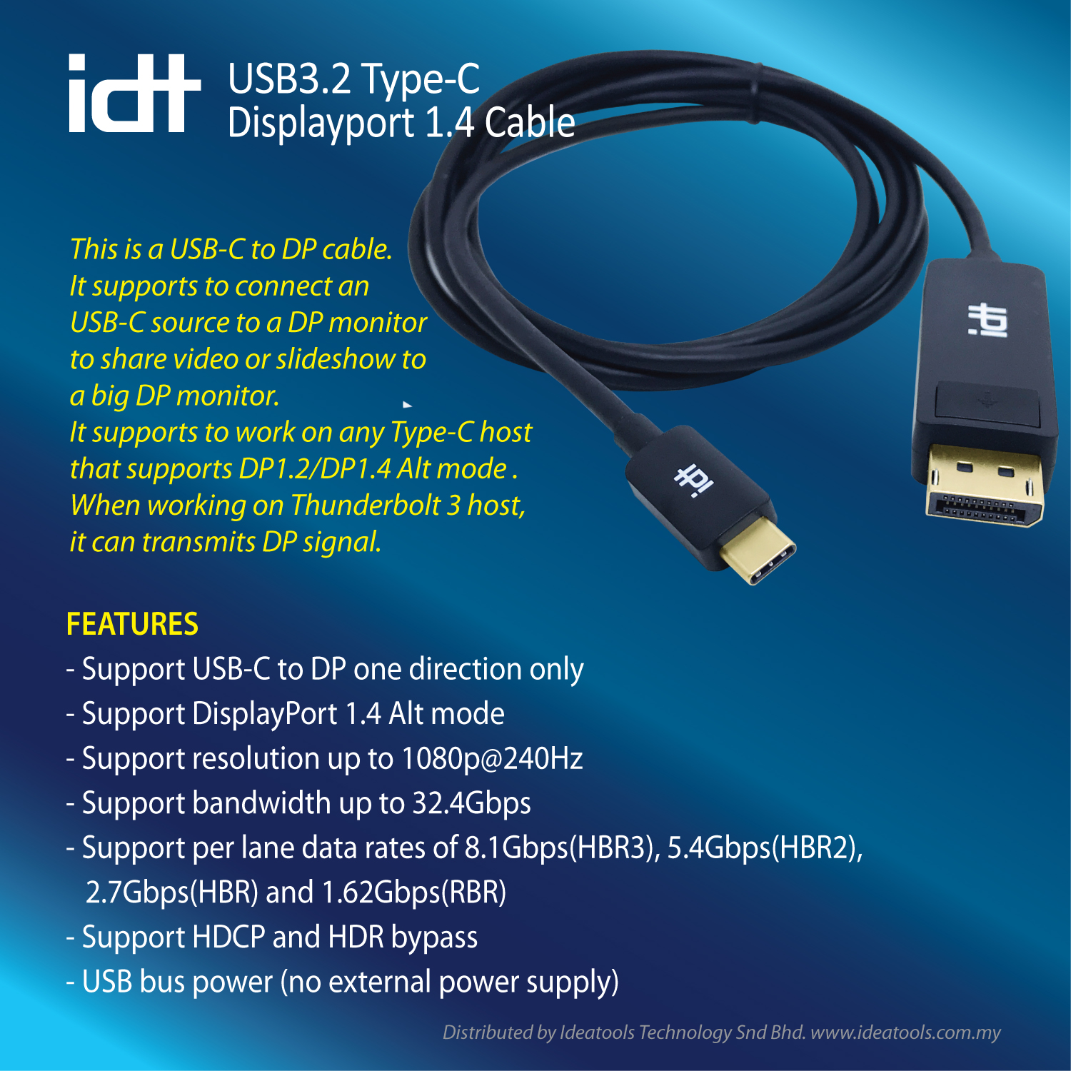 IDT Type-C to DP, USB C to DisplayPort Cable (1M / 1.8M) 1080p@144Hz ...