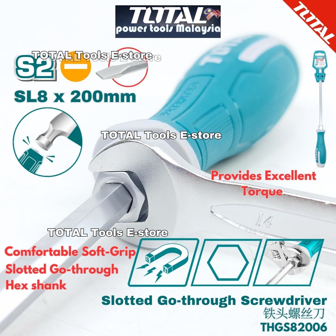 TOTAL Slotted Go-through Screwdriver SL8 x 200mm 铁头螺丝刀 - THGS82006 ...
