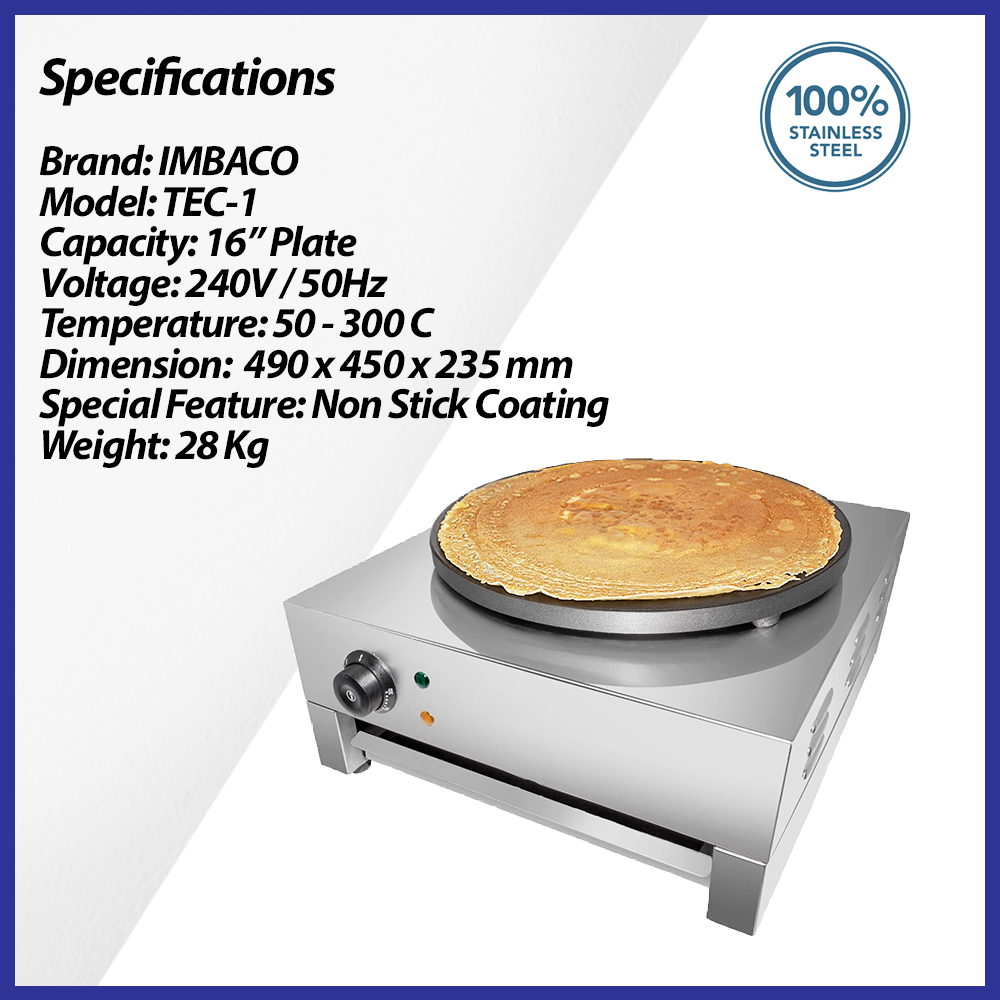 Imbaco Stainless Steel Electric Crepe Maker 16" Non Stick | Commercial ...