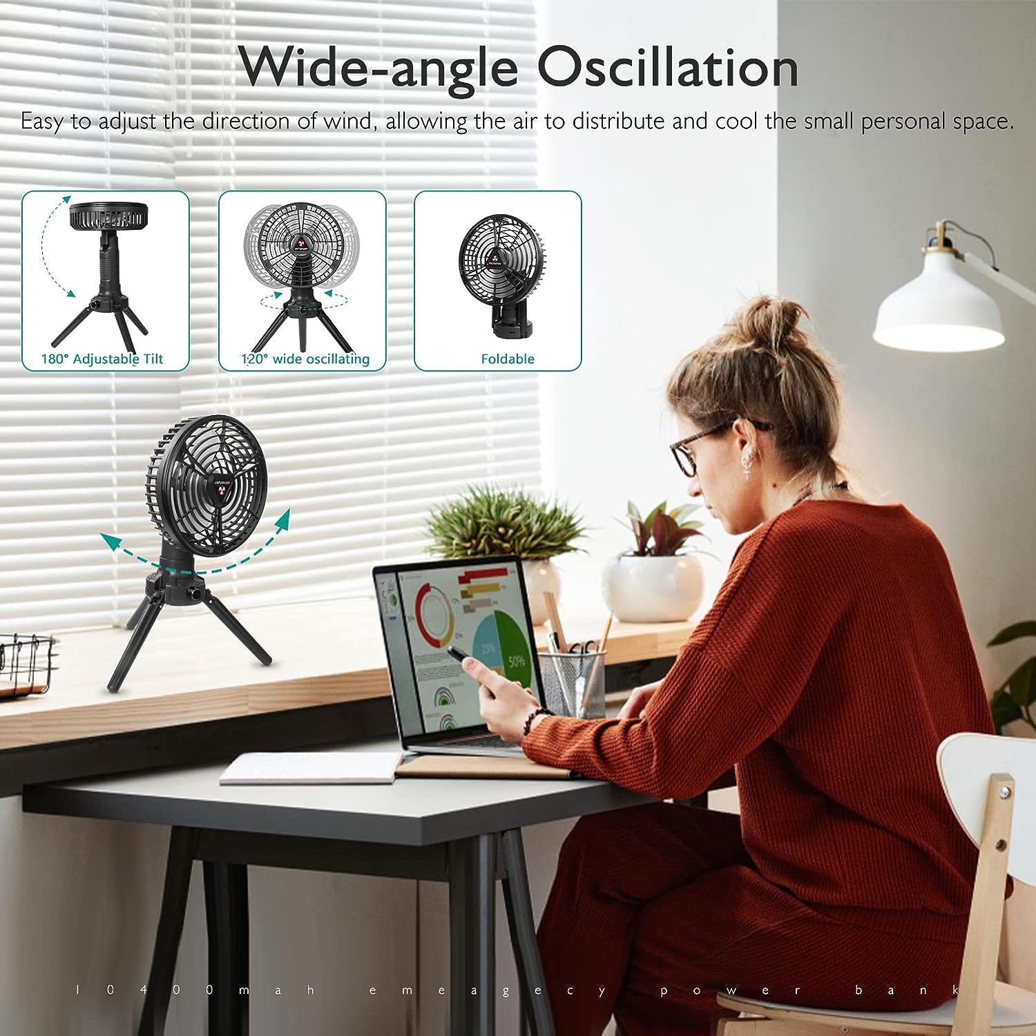 JDEX 10400mAh Portable Rechargeable Fan,Desk Fan, Small Table Fan Air ...