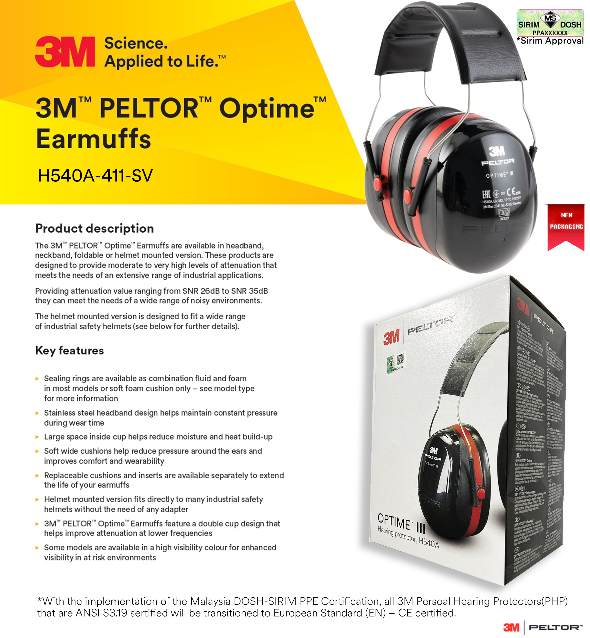 3M H540A H10A Peltor Optime III Over-The-Head Safety Ear Muff / Optime ...