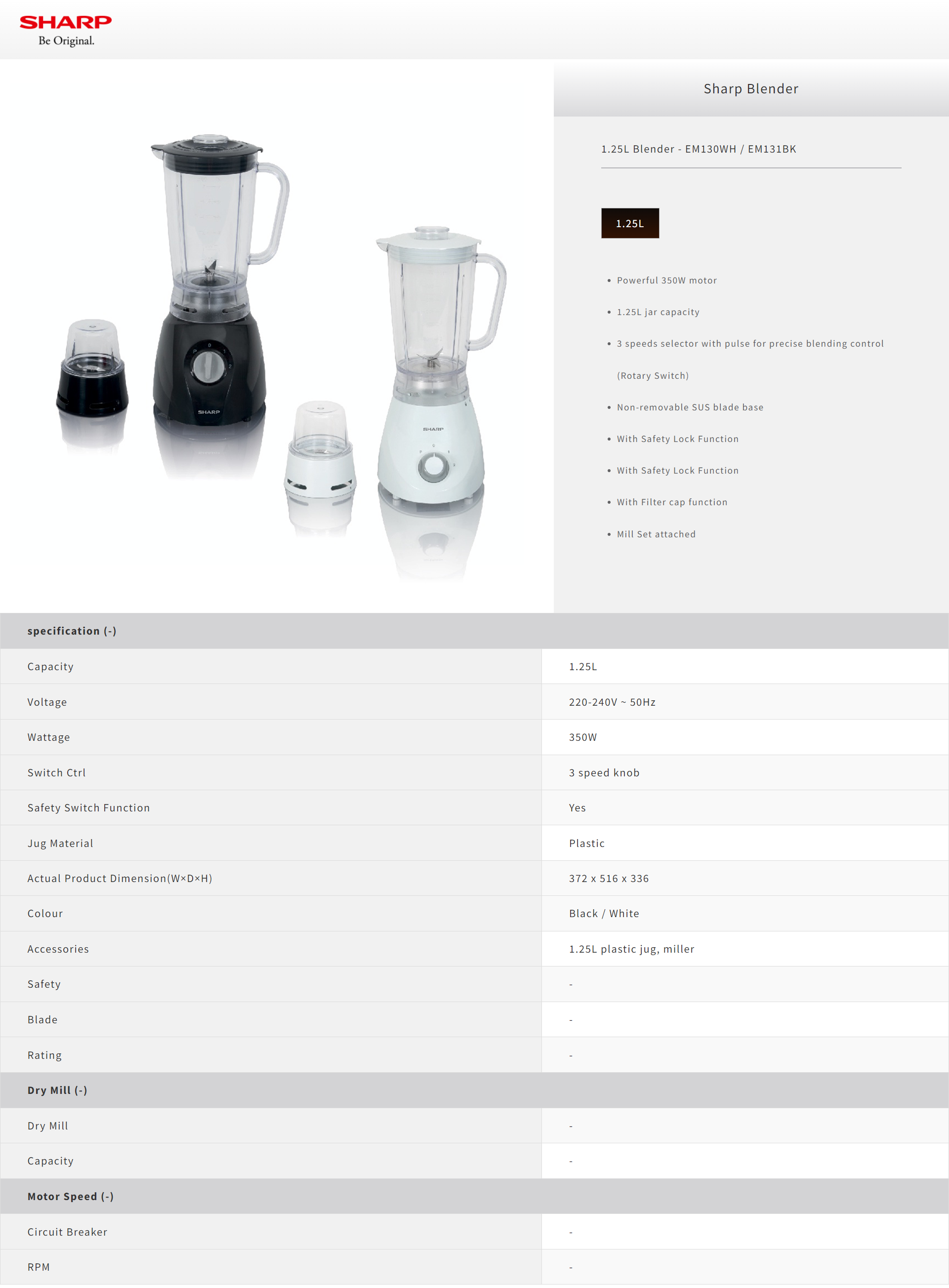 Sharp Blender (350W/1.25L) 3-Speeds & Pulse Mill Set Safety Lock SUS ...