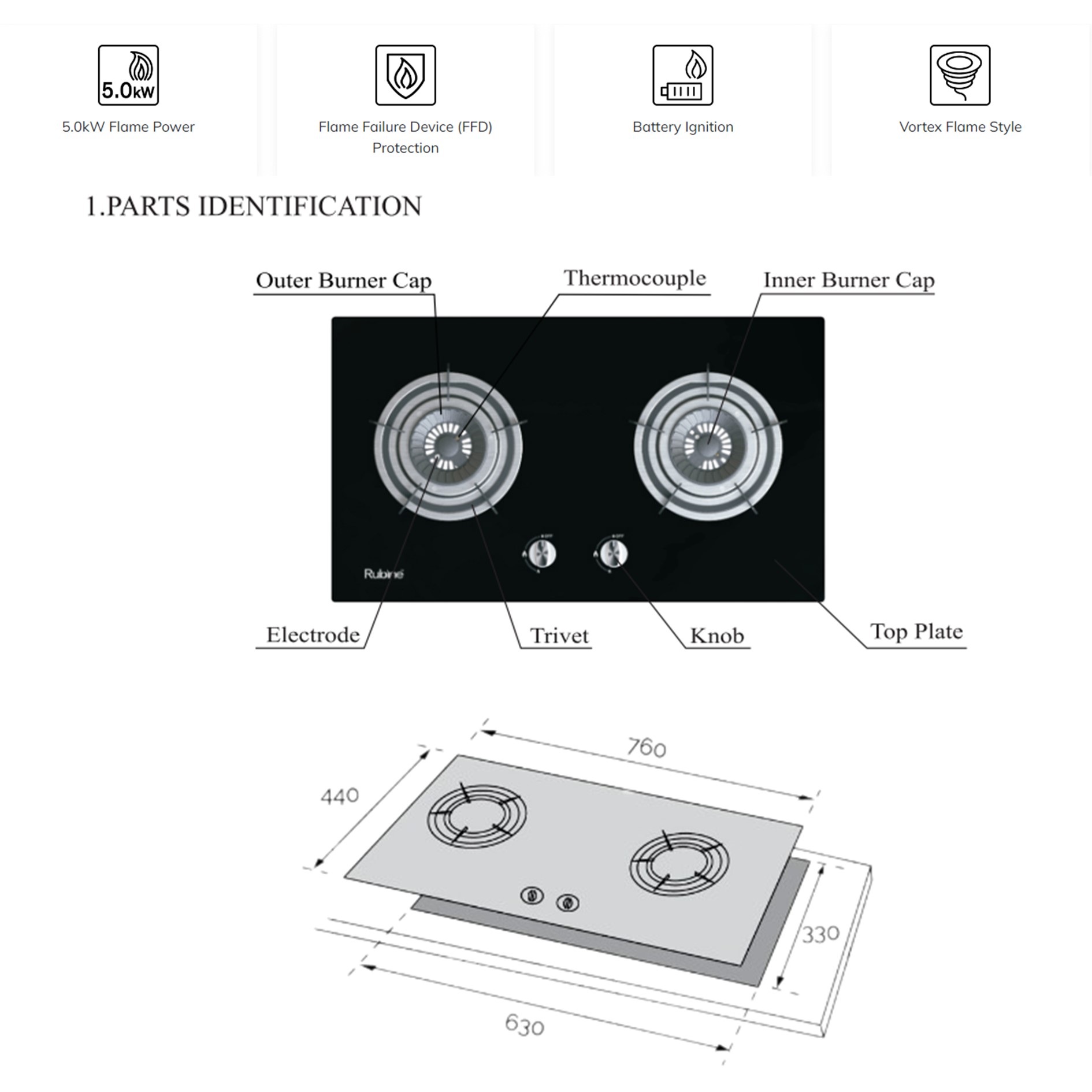 (FAST SHIP) XAMMAX Rubine RGH-VISTA2B-BL Built-In Gas Hob 2 Burner 5 ...