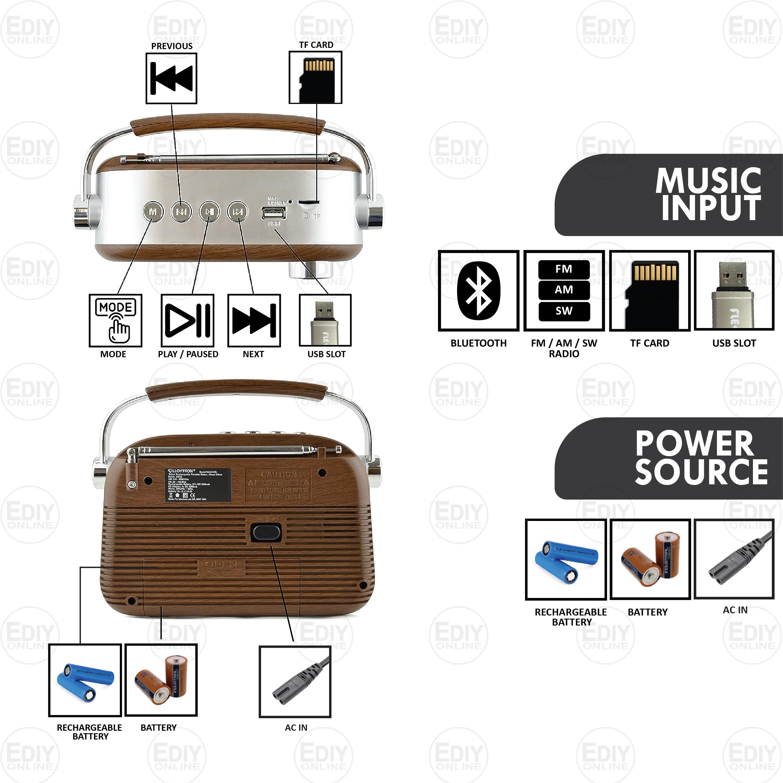 Retro Classic Rechargeable Radio FM AM SW Band Bluetooth Wireless ...