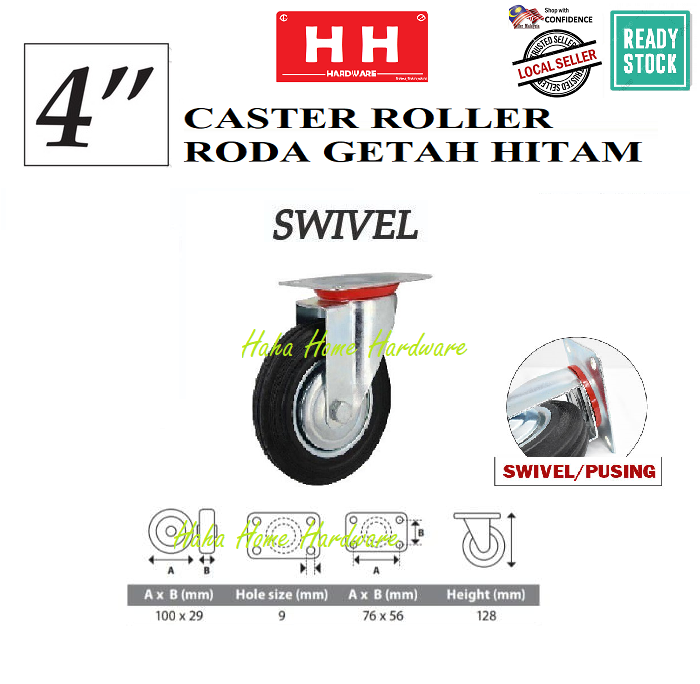 Roda Trolley Getah Hitam 4" (100MM) Heavy Duty Black Rubber Wheel ...
