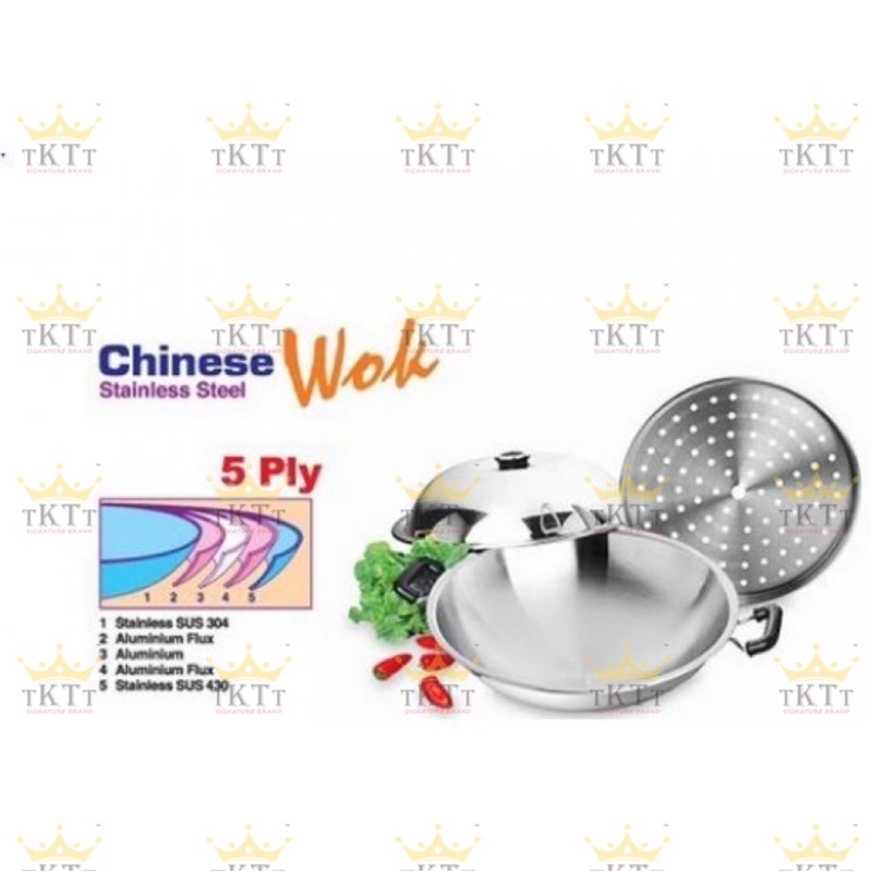 TKTT 100% Zebra SUS304 5Ply Chinese Wok set 38cm 42cm Kuali Stainless ...