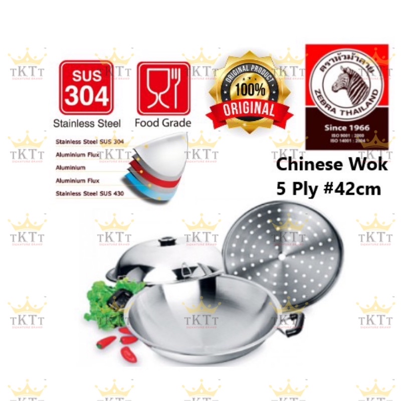 TKTT 100% Zebra SUS304 5Ply Chinese Wok set 38cm 42cm Kuali Stainless ...