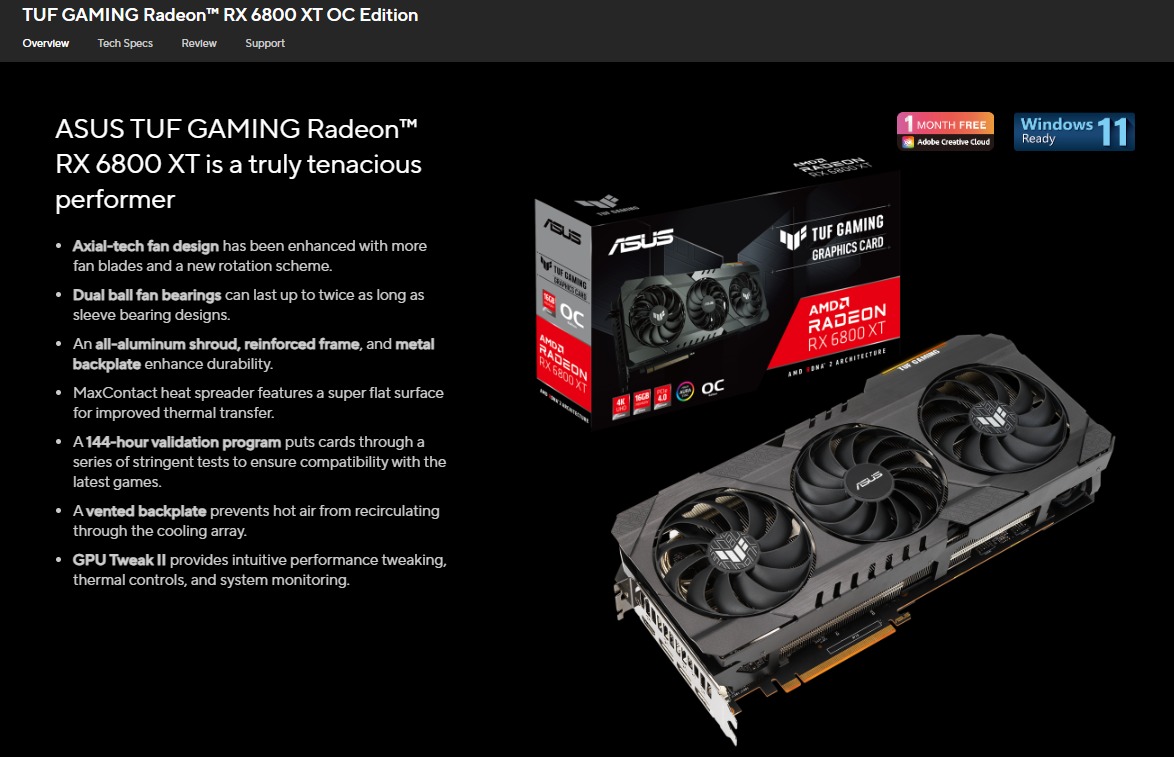 Asus RX 6800 XT 16GB GDRR6 ATI RX6800XT 16G D6 AMD Radeon RX6800 XT Graphic Card (TUF-RX6800XT ...