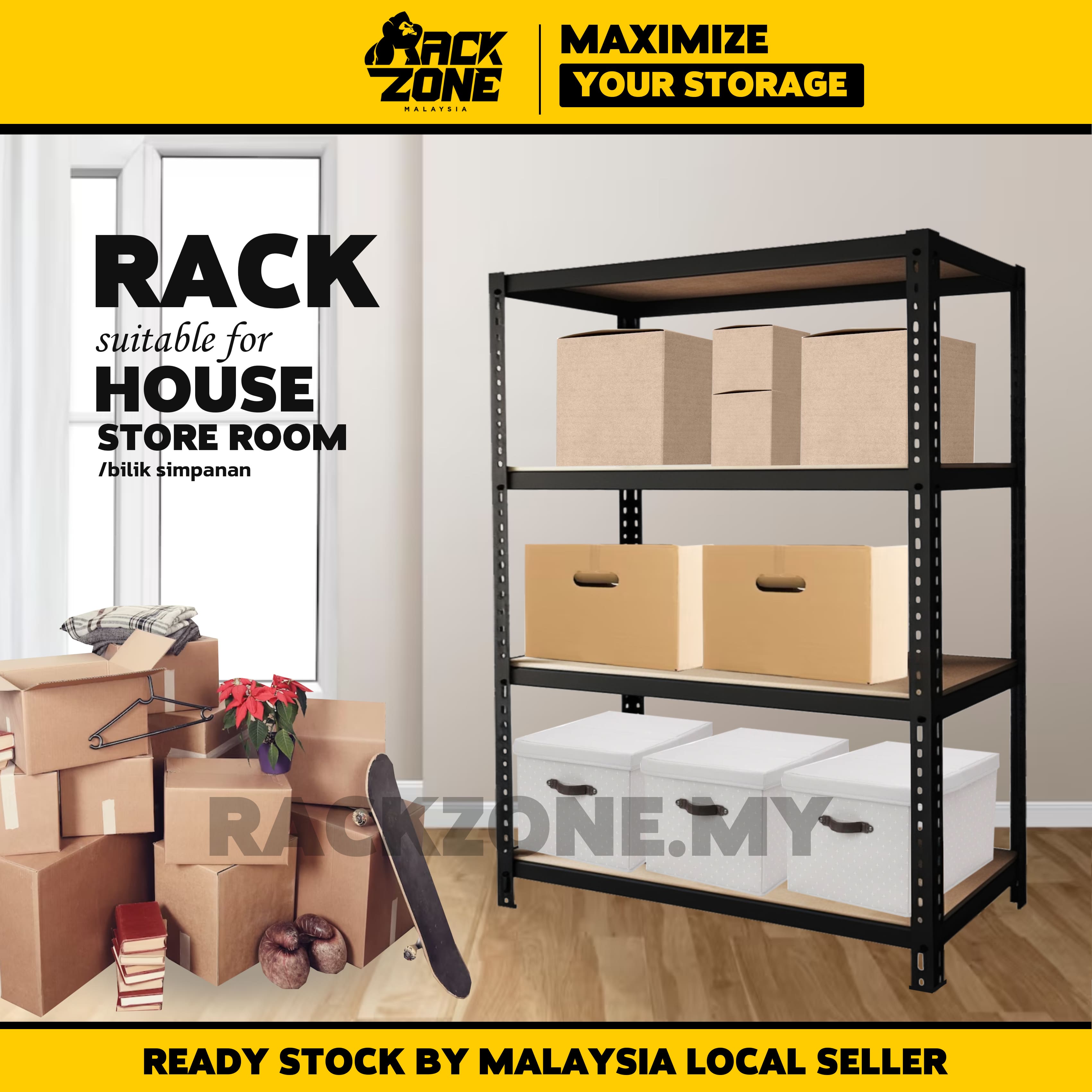 RACKZONE Black 4 Level Boltless Rack Heavy Duty Rak Rumah Bilik Stor ...