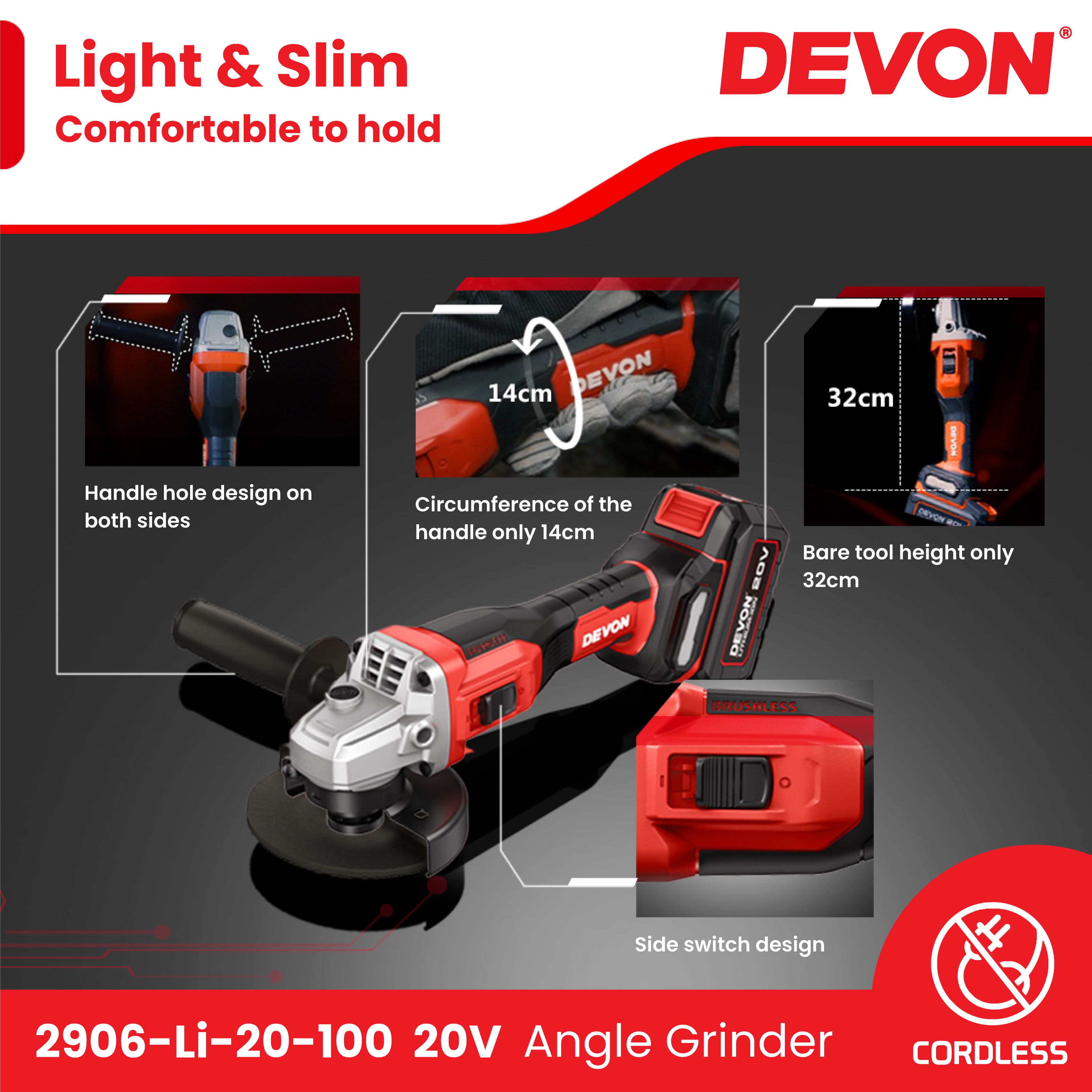 DEVON 2906-Li-20-100 20V Lithium-Ion Brushless Cordless 10000rpm Angle ...