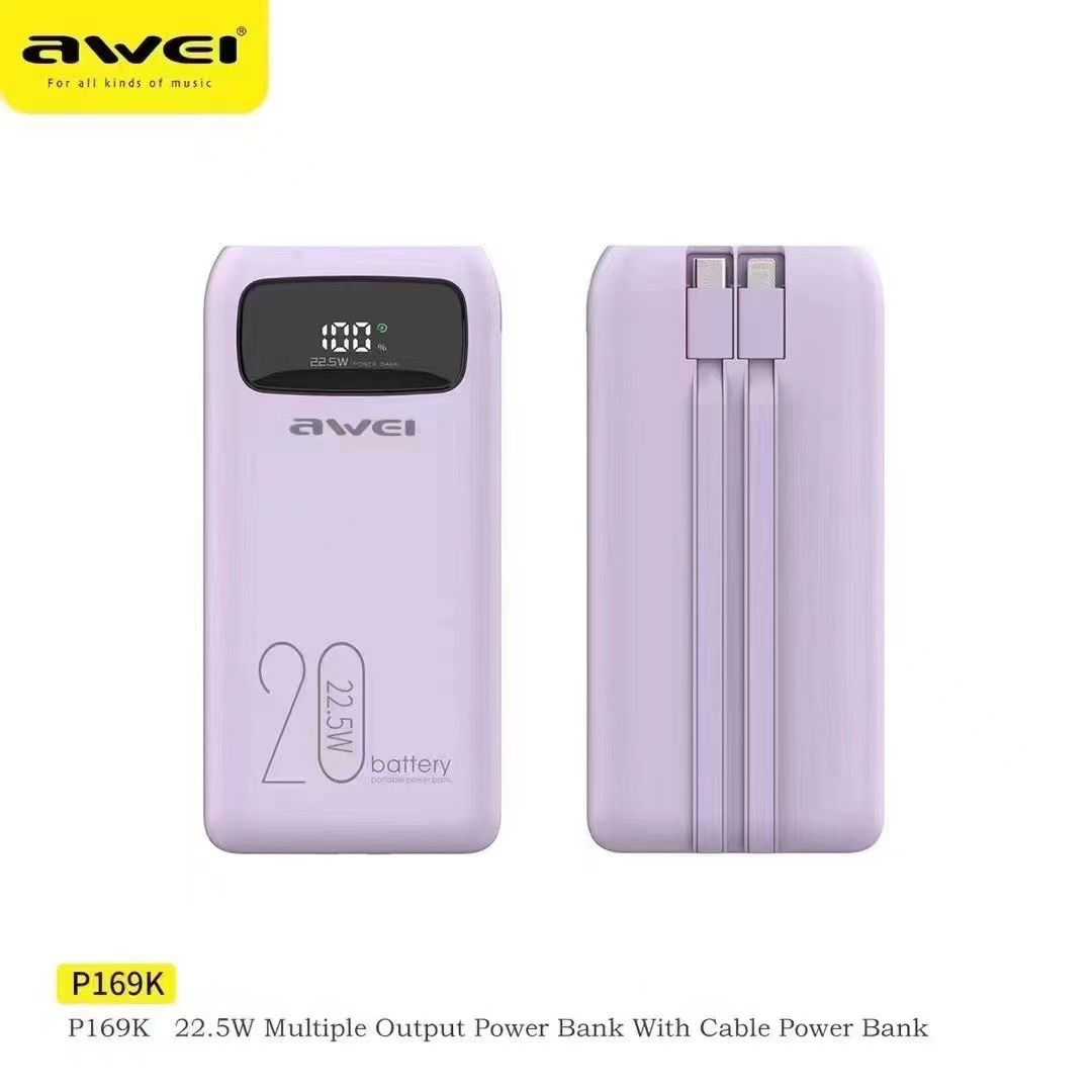 Awei P169K 20000mAh Powerbank 22.5W Fast Charger Built in Type C Cable ...
