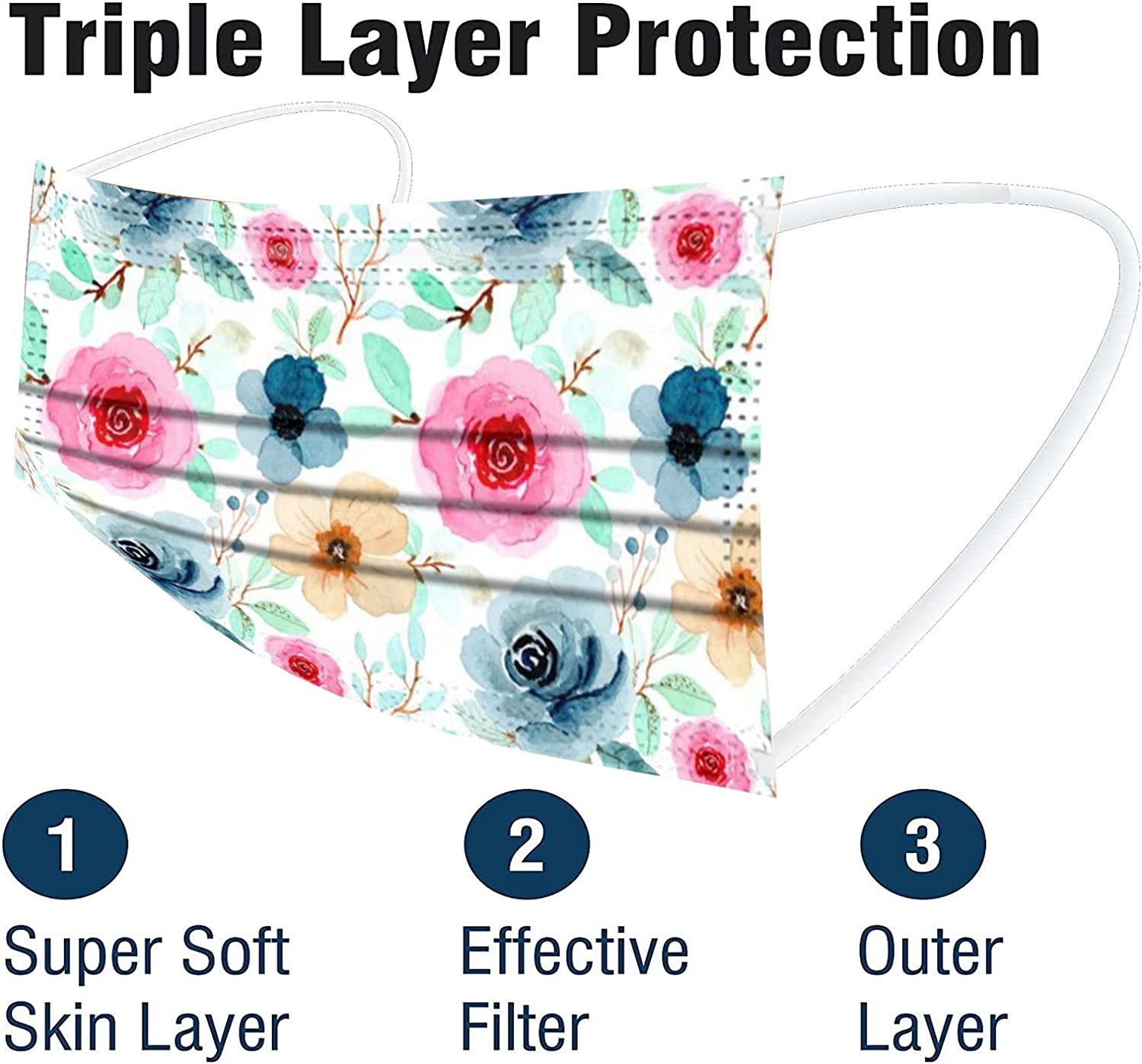 Floral Face Mask For Women 3-Ply Disposable Flower Pattern Beautiful ...