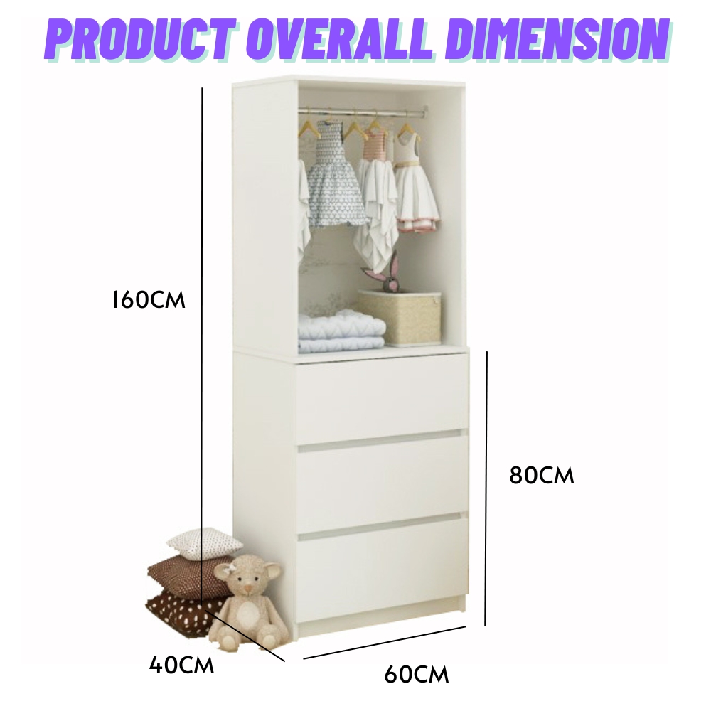 Furniture Direct VESTA 3 Drawers Kids Open Wardrobe-almari baju budak ...