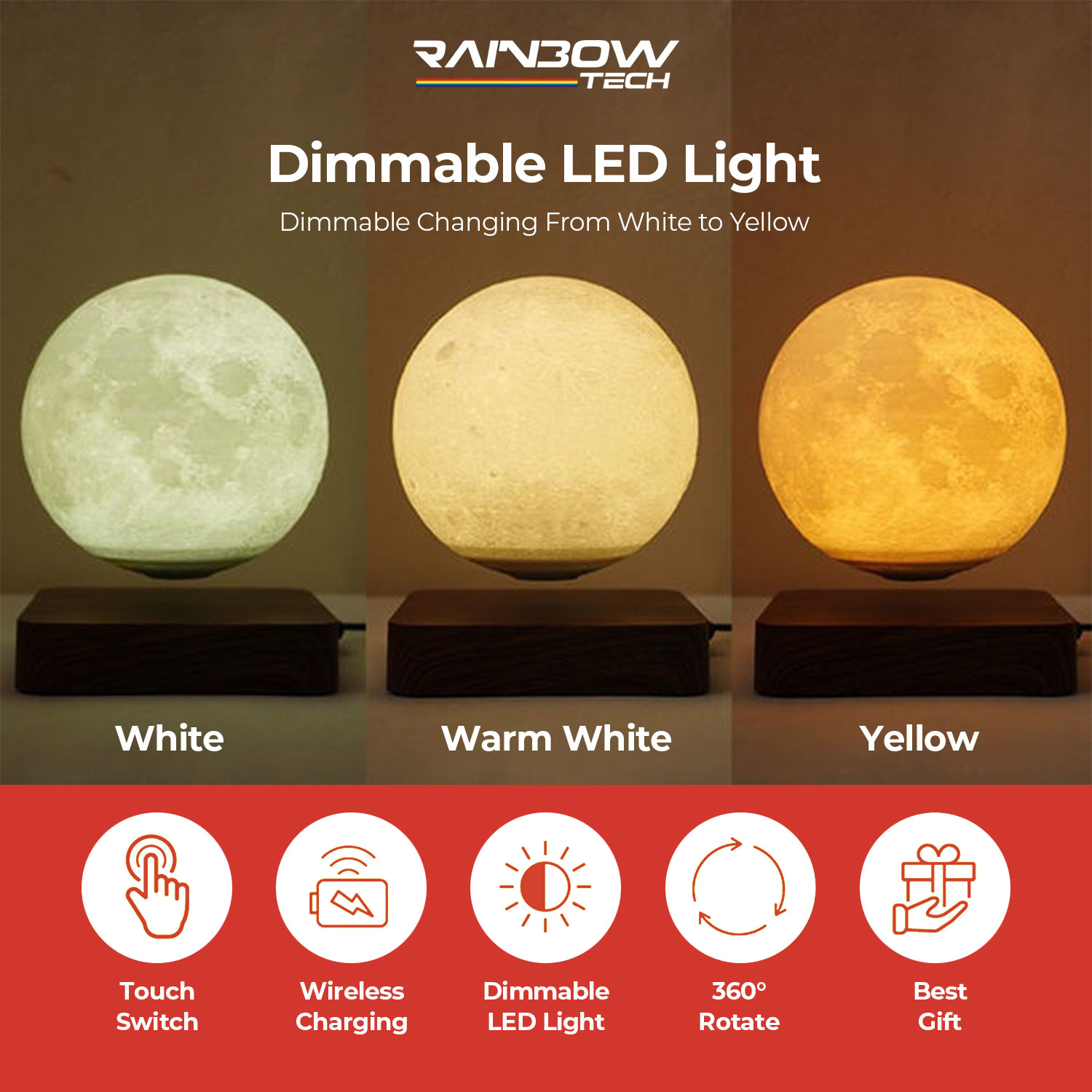 RBTECH LUNA 3D Moon Lamp Floating Levitating Night Light Rotating LED ...
