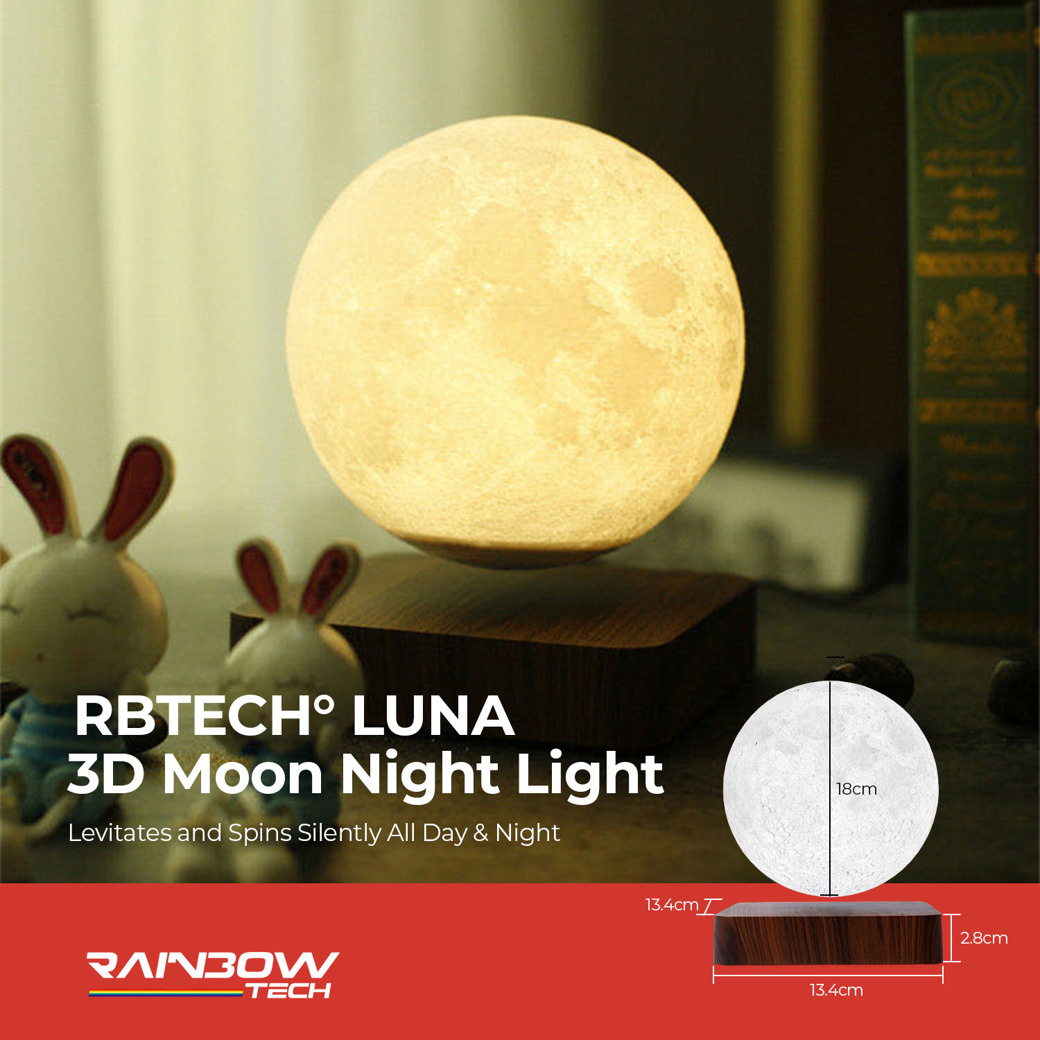 RBTECH LUNA 3D Moon Lamp Floating Levitating Night Light Rotating LED ...