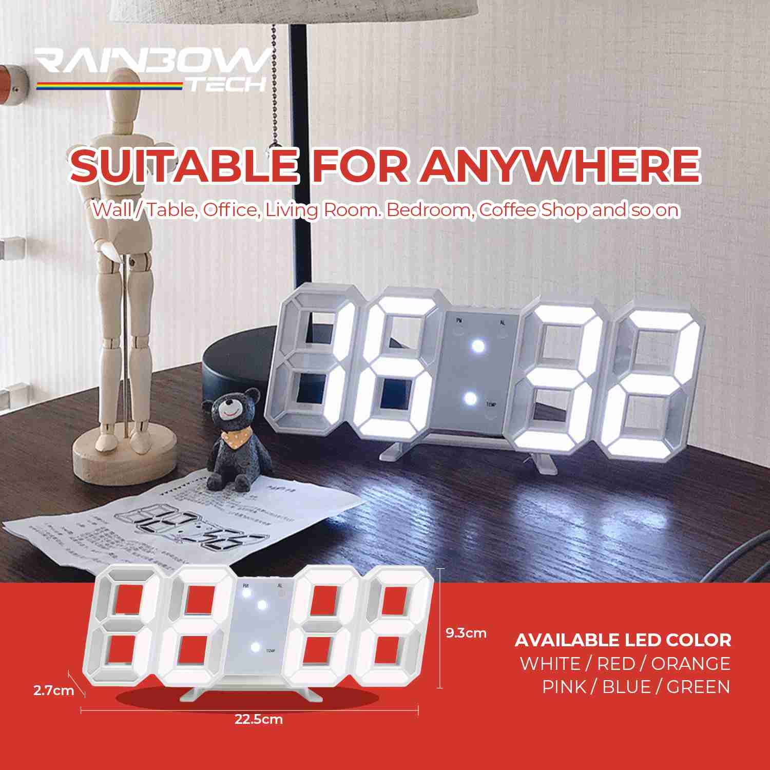 3D LED Digital Alarm Clock Jam Alarm Digital 3D LED 数字闹钟 Wall Clock ...