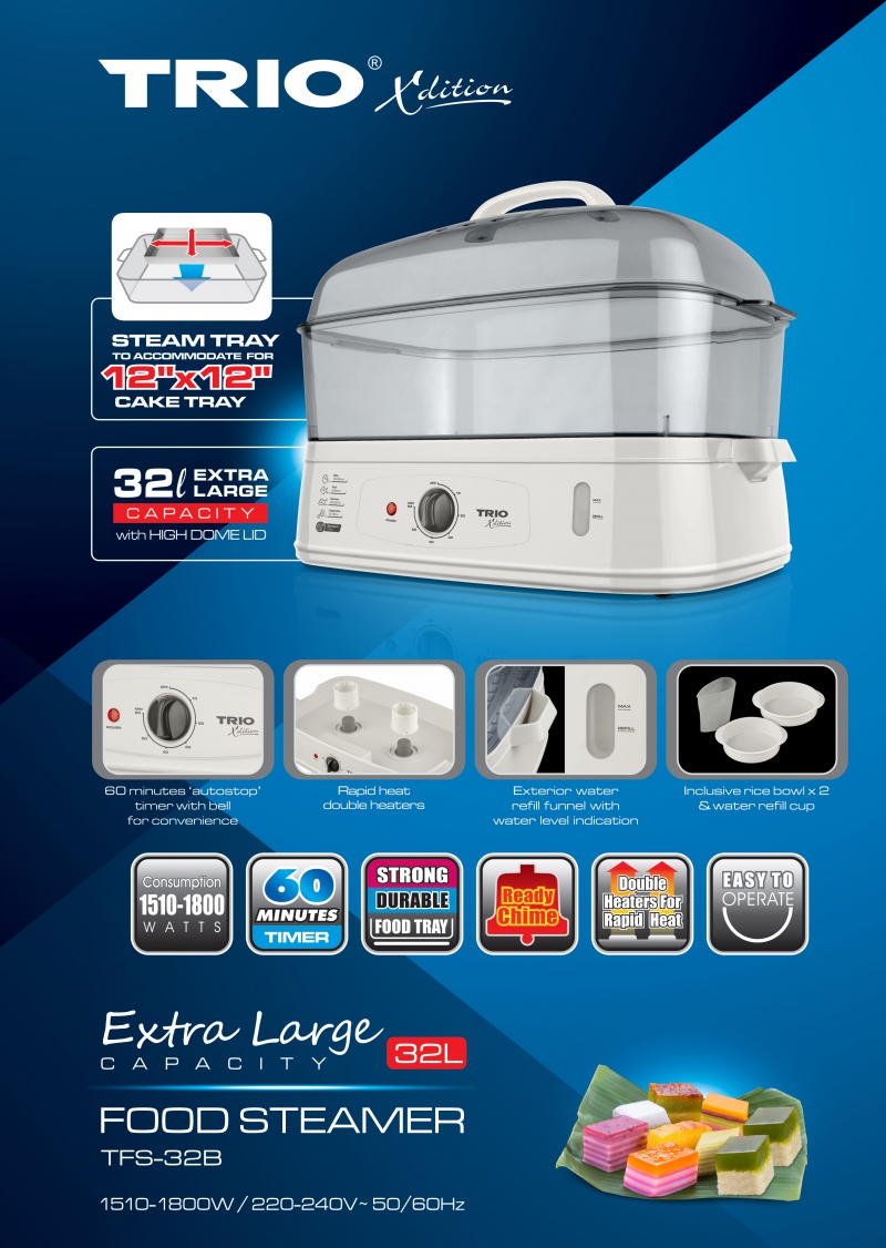 TRIO FOOD STEAMER TFS-32B WITH EXTRA LARGE CAPACITY CAN FIT IN 12''X12 ...
