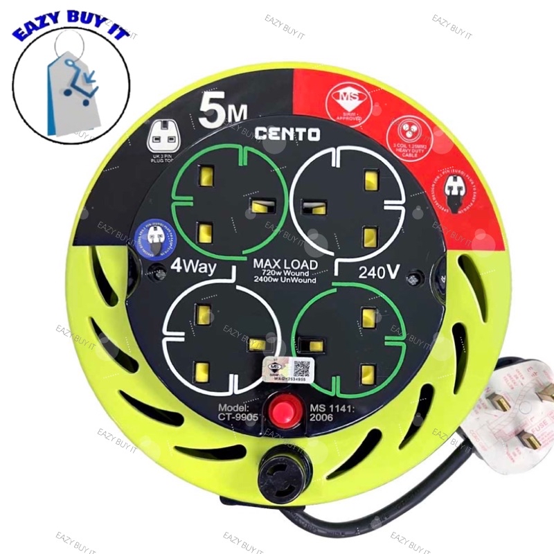 Cento 4way heavy duty cable reel round extension with sirim 5 meter ...