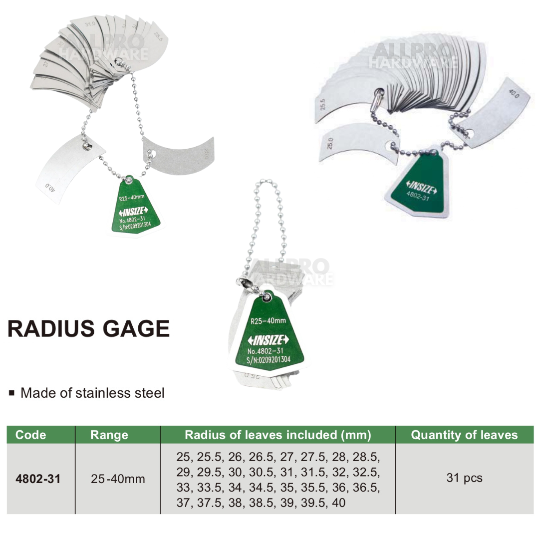 INSIZE Radius Gage 4802-31 / Radius Gage Range 25-40mm 31 Leaves ...