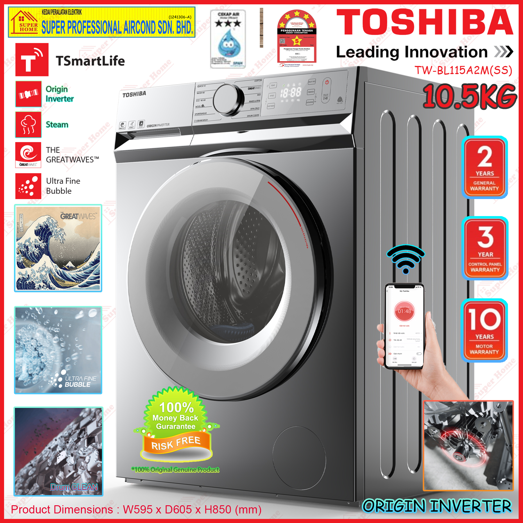 Toshiba Washer Machine TW-BL115A2M(SS) 10.5kg Front Load Washer ((Origin Inverter Motor ...