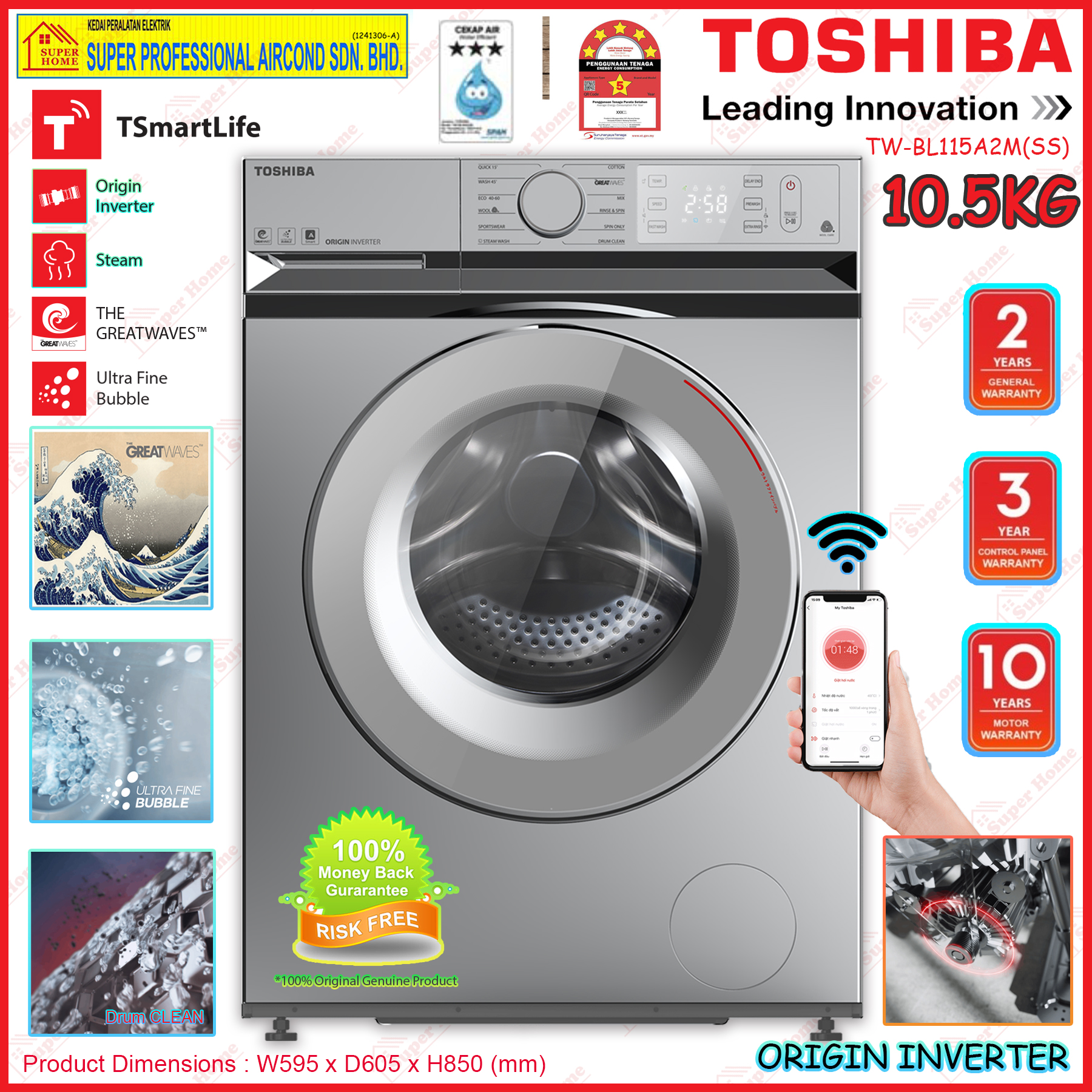 Toshiba Washer Machine TW-BL115A2M(SS) 10.5kg Front Load Washer ((Origin Inverter Motor ...