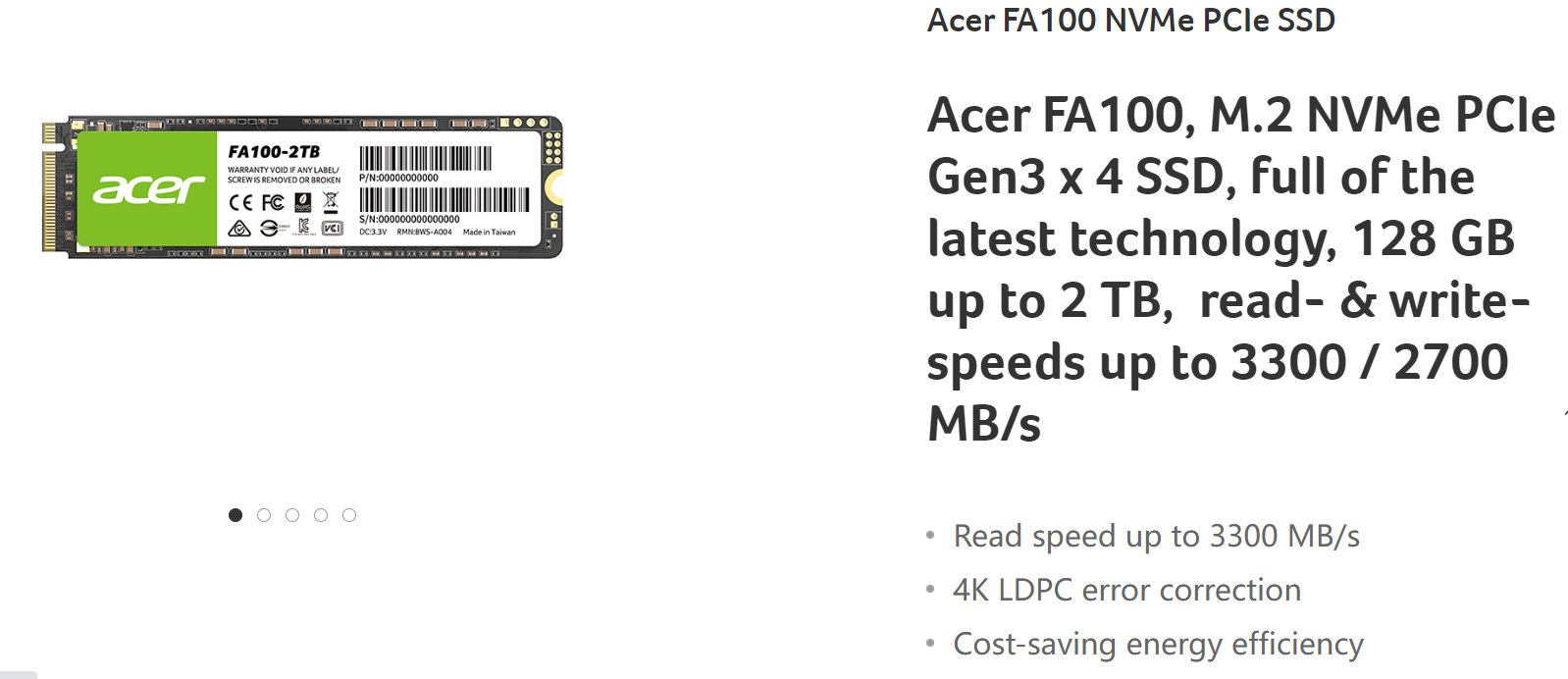 Acer SSD 128GB 256GB 500GB 512GB 1TB 2TB FA100 FA200 GEN 3X4 NVME GEN3 ...