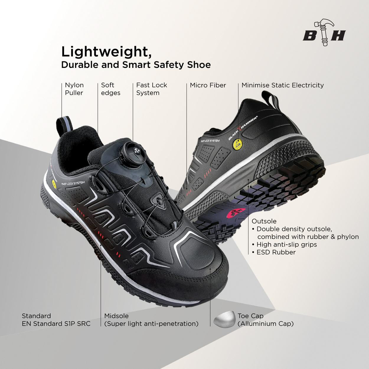 Black Hammer Pro Series Men Low Cut ESD Fastlock Light Weight Safety ...