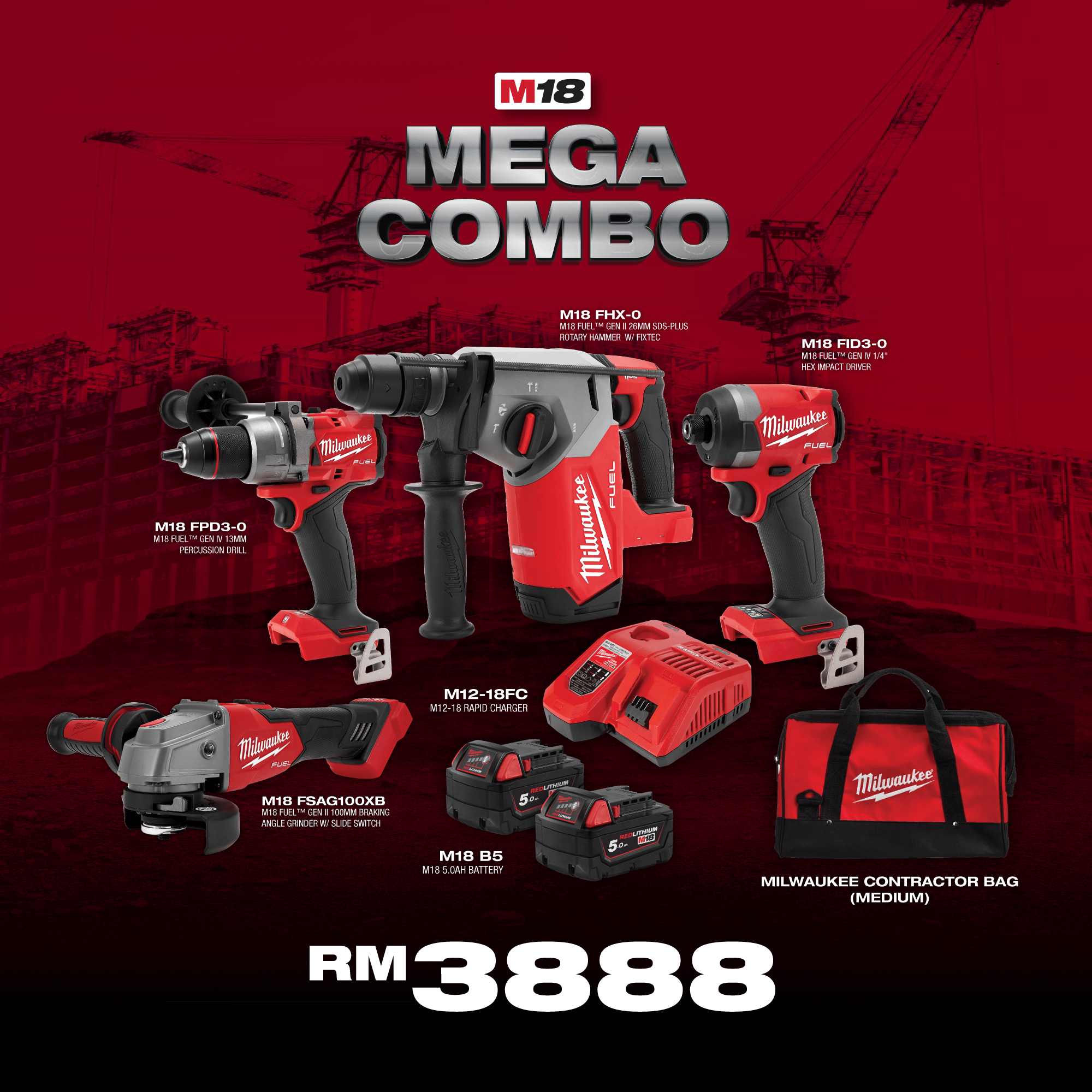 Milwaukee M18 4 IN 1 LIMITED MEGA COMBO RM4388 ( M18 FPD3 / M18 FID3 ...