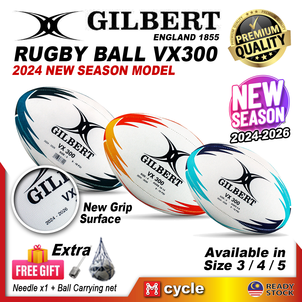 GILBERT UK VX300 Rugby Ball 2023 2024 New Model Bola Ragbi Match ...
