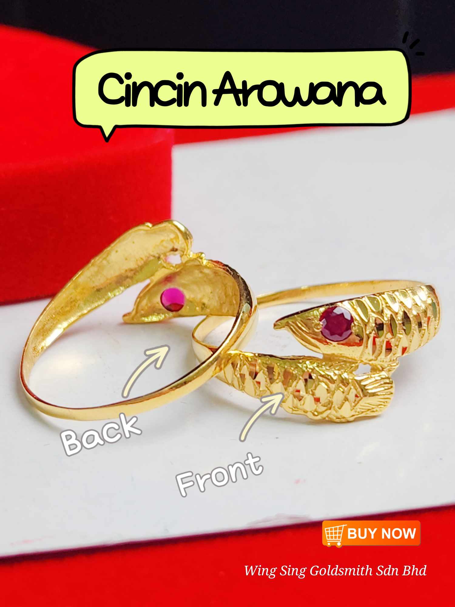 Wing Sing 916 Gold Arowana Fish Solid Ring Bajet / Cincin Ikan Emas ...