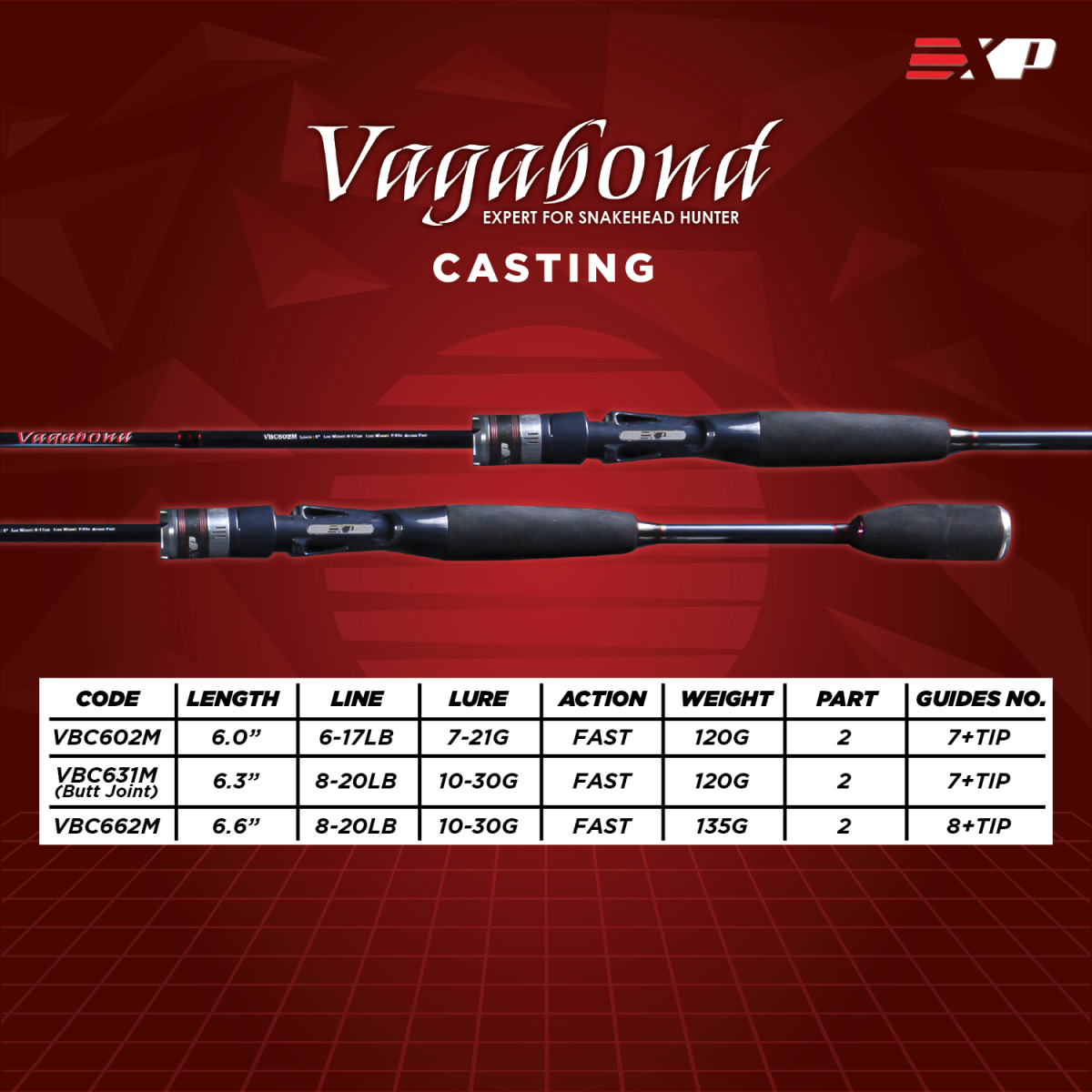 EXP VAGABOND ROD Carbon Fiber 2PCS & Butt Joint Fishing Rod Light ...