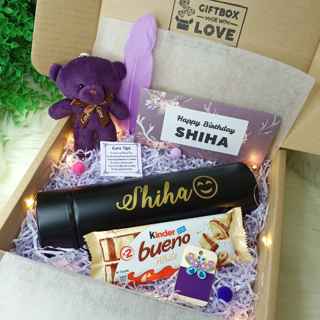 CUSTOMIZE NAME SURPRISE GIFT BOX FLASK + MINI TEDDY + KINDER BUENO ...