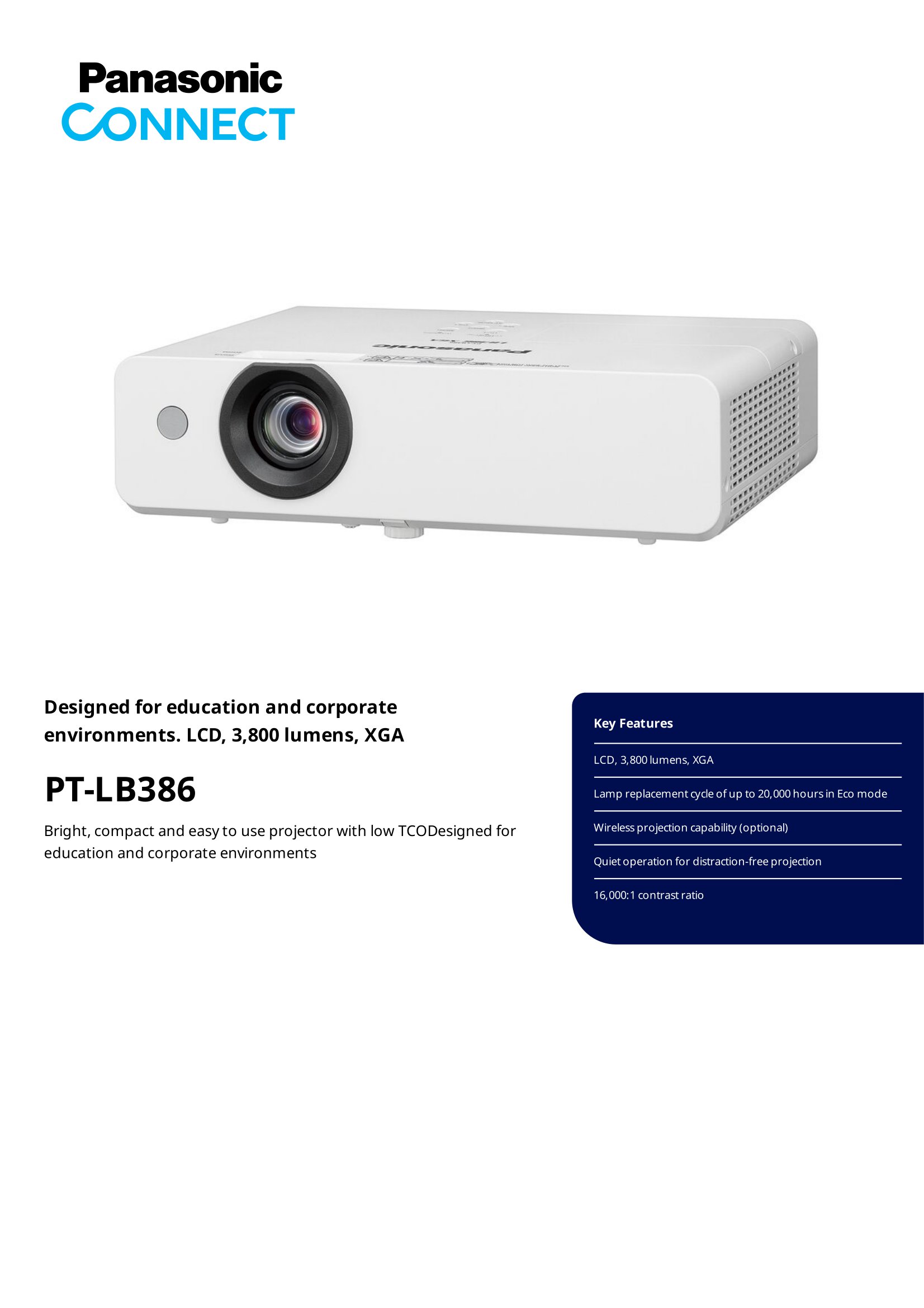 Panasonic PT-LB386 / PT-LB356 / PT-LB306 Projector 3100 ~ 3800lm Bright, compact and easy to use ...