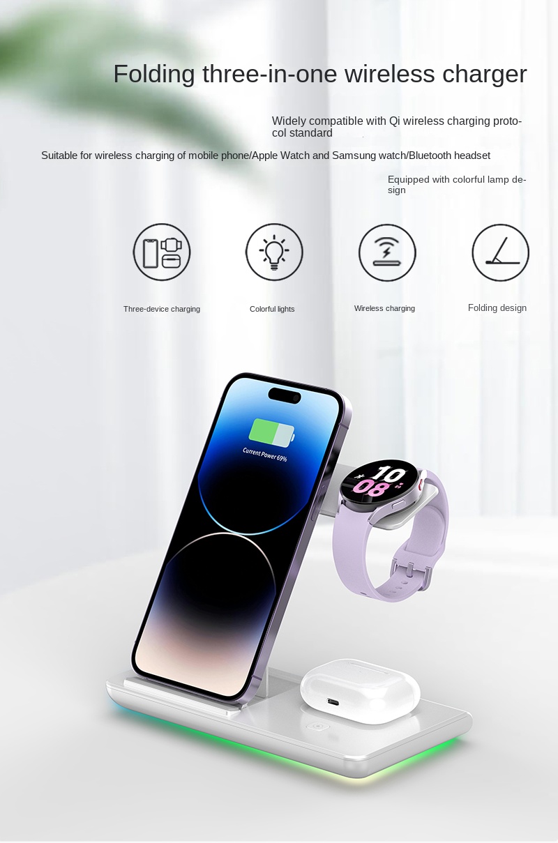 Qi Wireless Charger Stand 3 in 1 Fast Charging Phone Holder 3A Power ...