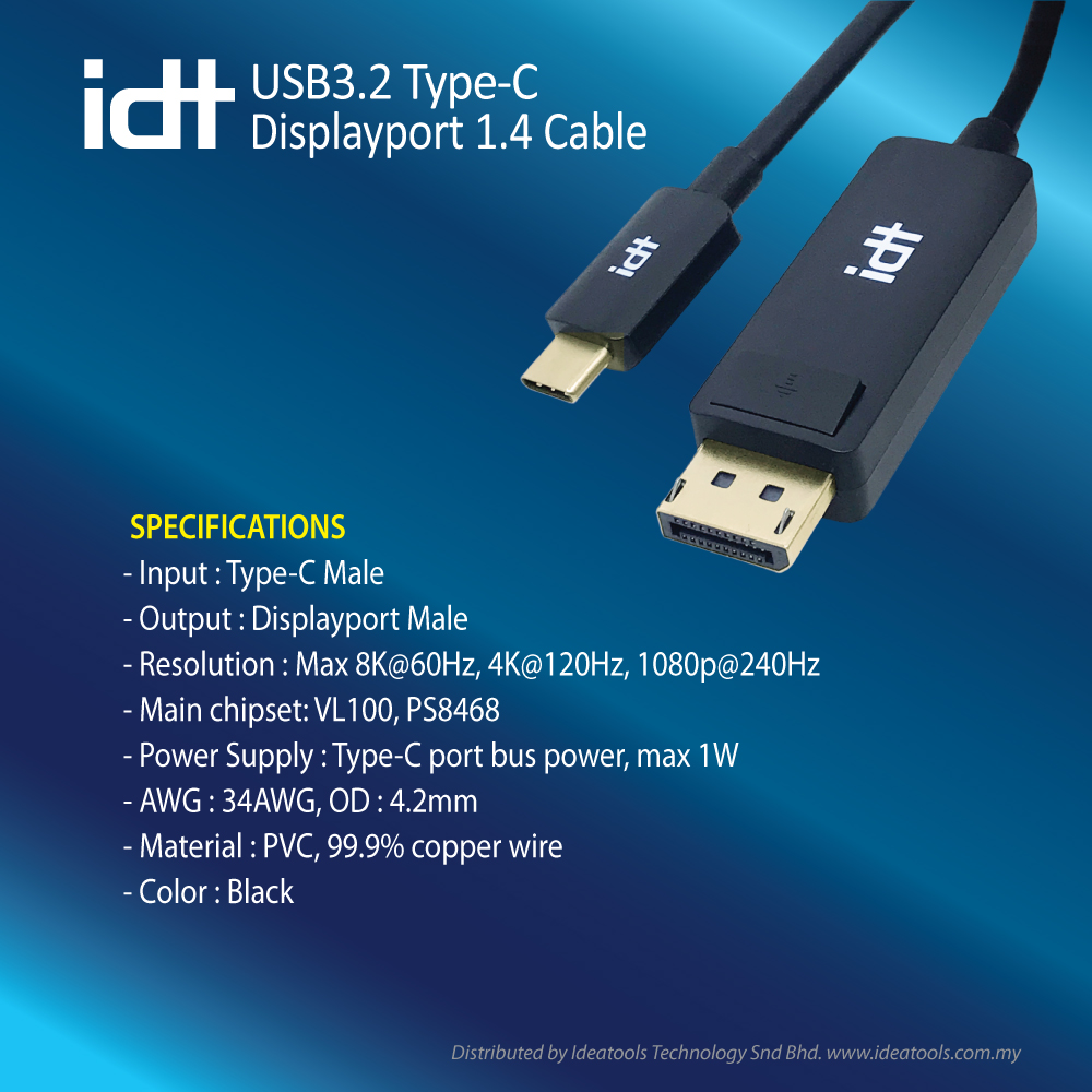 IDT Type-C to DP, USB C to DisplayPort Cable (1M / 1.8M) 1080p@144Hz ...