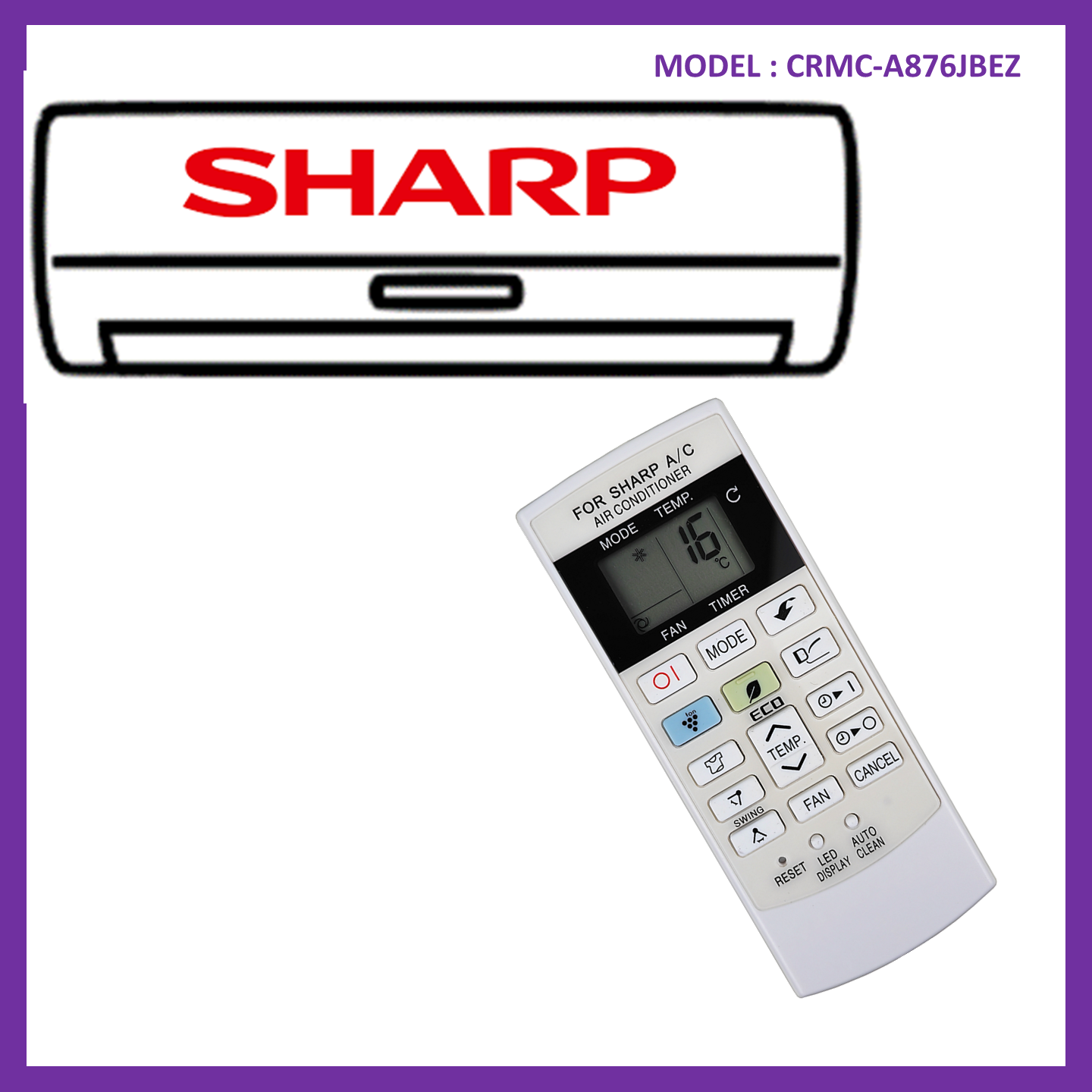 Sharp Air Conditional Remote Control CRMC-A876JBEZ Sharp Aircond Air Cond Replacement Remote ...