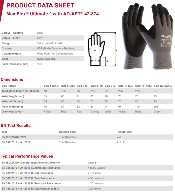 MAXIFLEX ULTIMATE GLOVE NITWRIST PALM COATED GLOVES ATG42874 42-874 ...