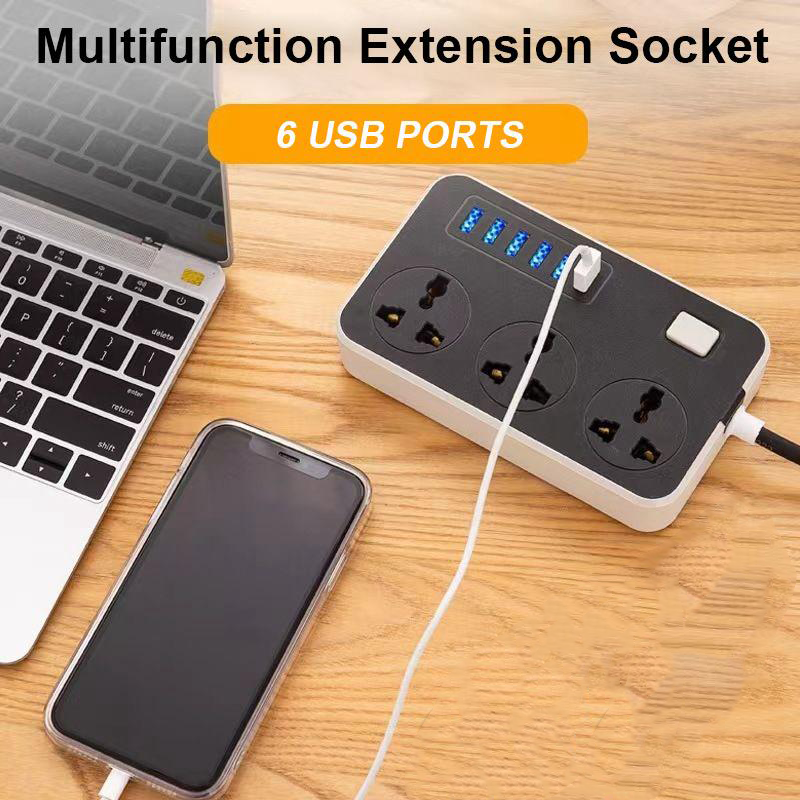 6 USB Port 3 Universal Power Strip Extension Plug Power Socket Electric ...