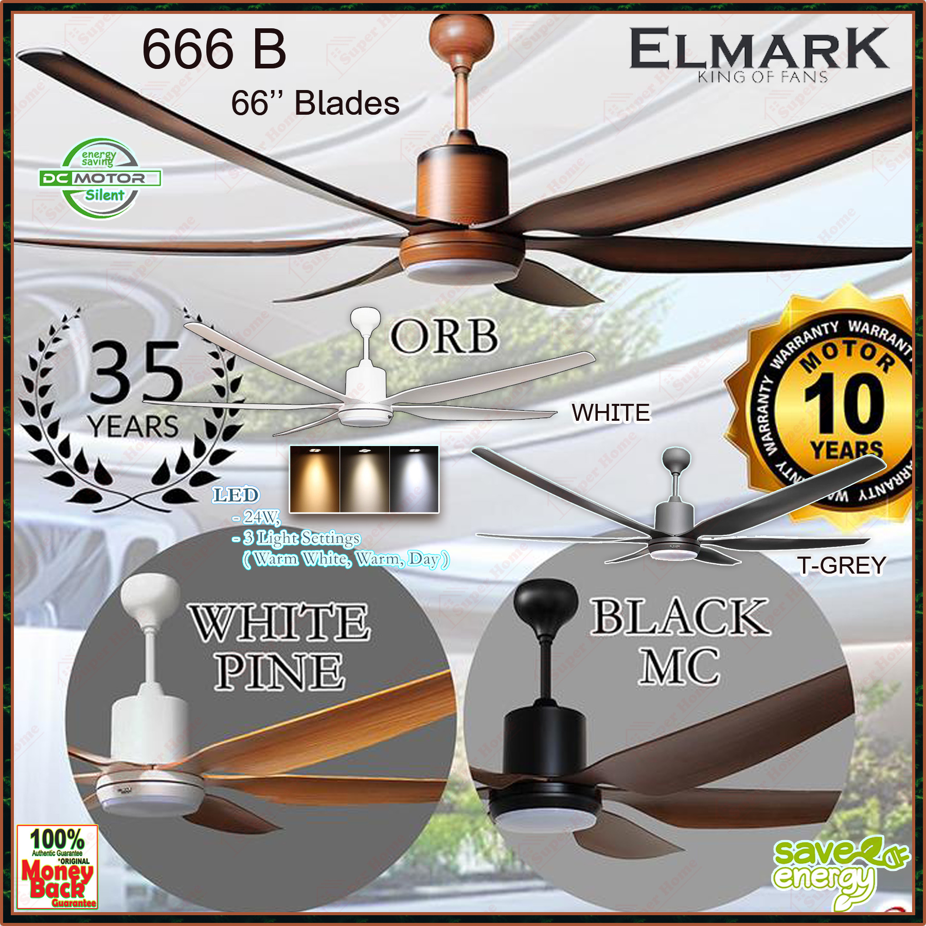 Elmark Ceiling Fan 666B T-GREY 66” inches DC Motor Remote Control 6 ...