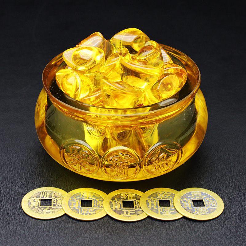 HIMY🐳【Ready Stock】招财聚宝盆 聚财家居摆件FENGSHUI（送50粒元宝） 五帝钱 黄水晶元宝 金色玄关乔迁开业礼品 ...