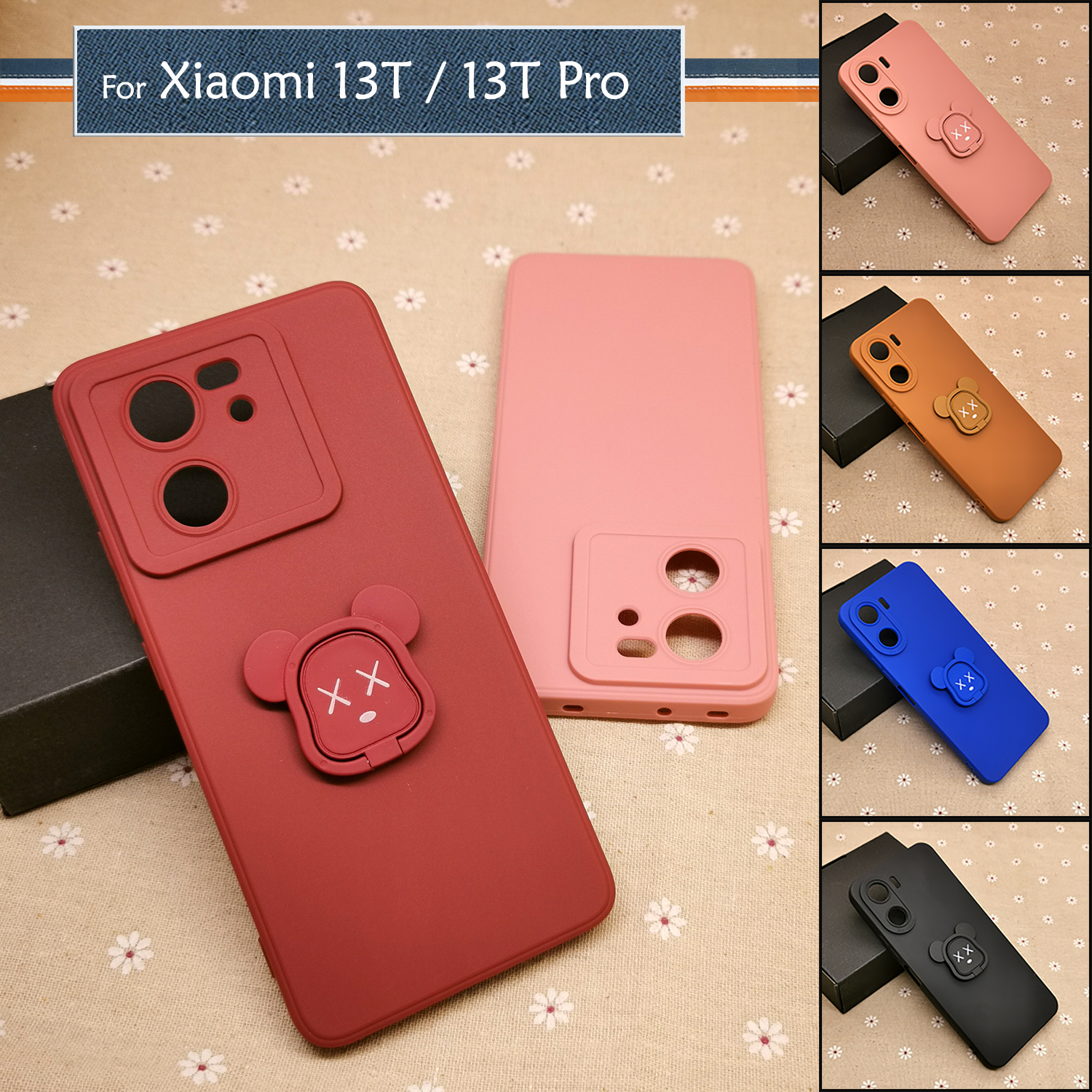 Xiaomi 13T Xiaomi 13T Pro Simple Bear Stand Ring I-Ring Back Case TPU Soft Cover Casing Colorful ...